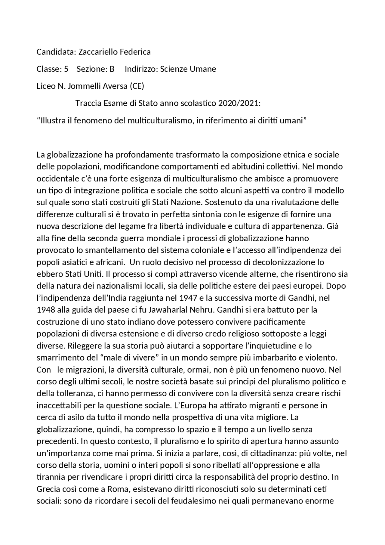 ELABORATO "MULTICULTURALISMO" - Docsity