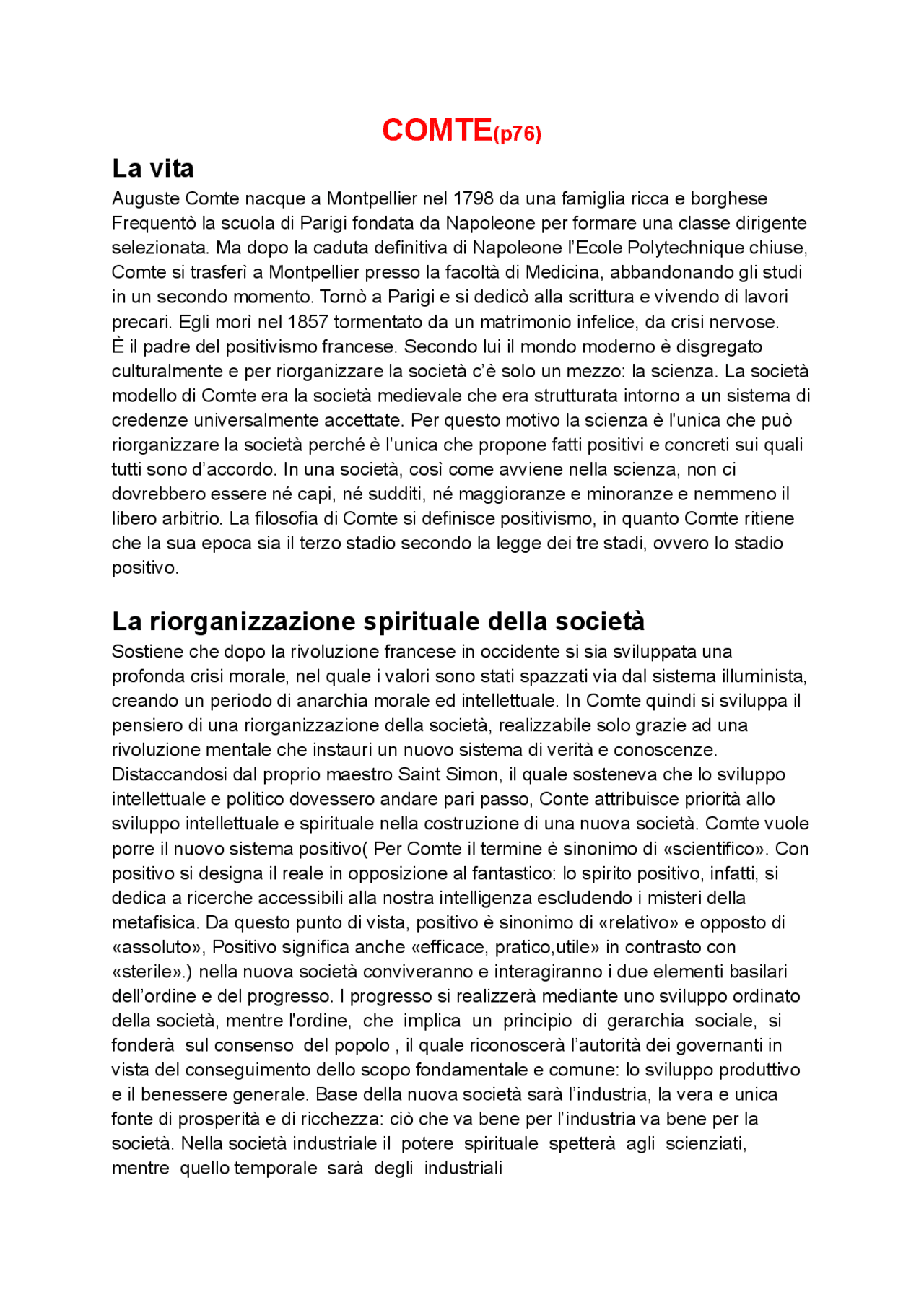 Riassunto Filosofia Comte Docsity