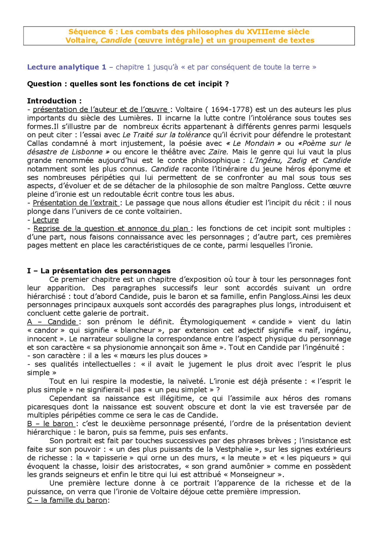 Voltaire Candide Commentaire Chapitre 1 Jusquà Et Par Conséquent