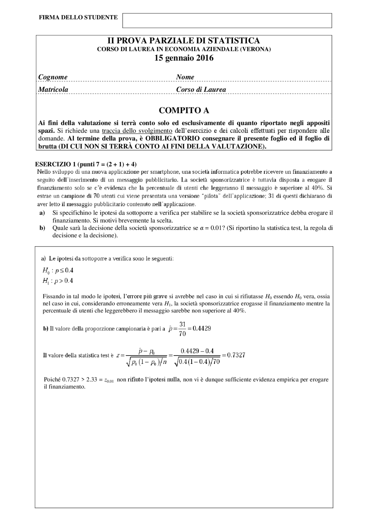 Prova Desame Parziale Di Statistica Docsity