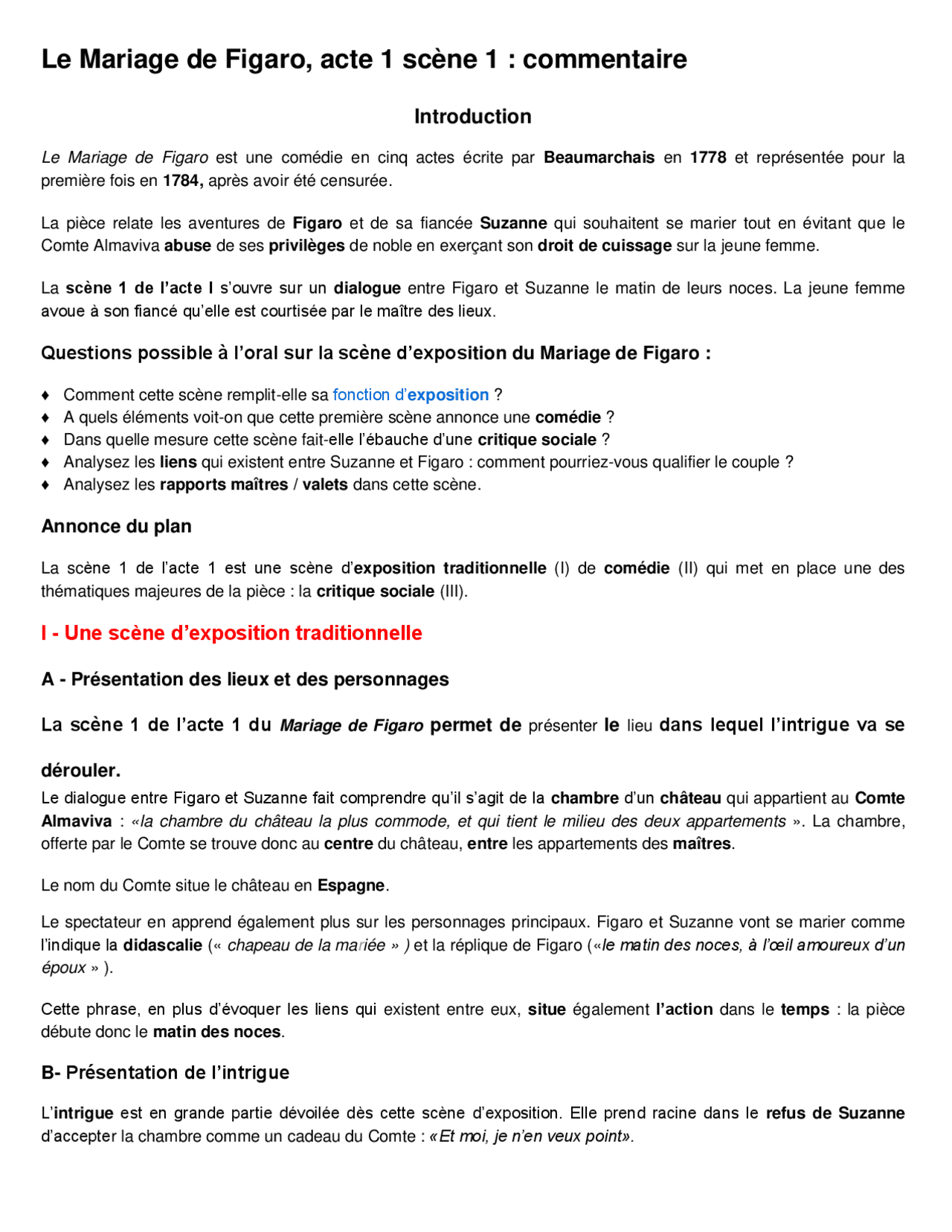 Le Mariage De Figaro Acte 1 Scène 1 Commentaire Docsity