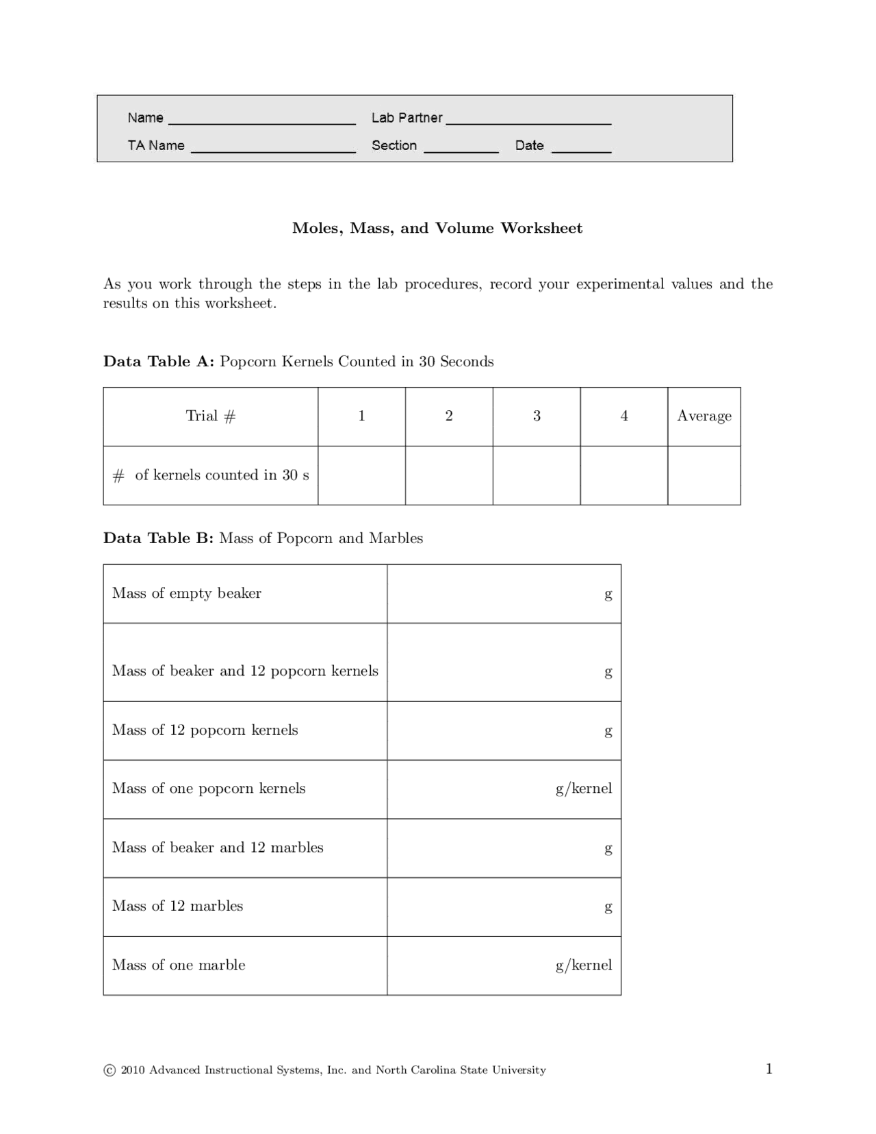 CH101 Lab 1 Data Collection Worksheet - Docsity