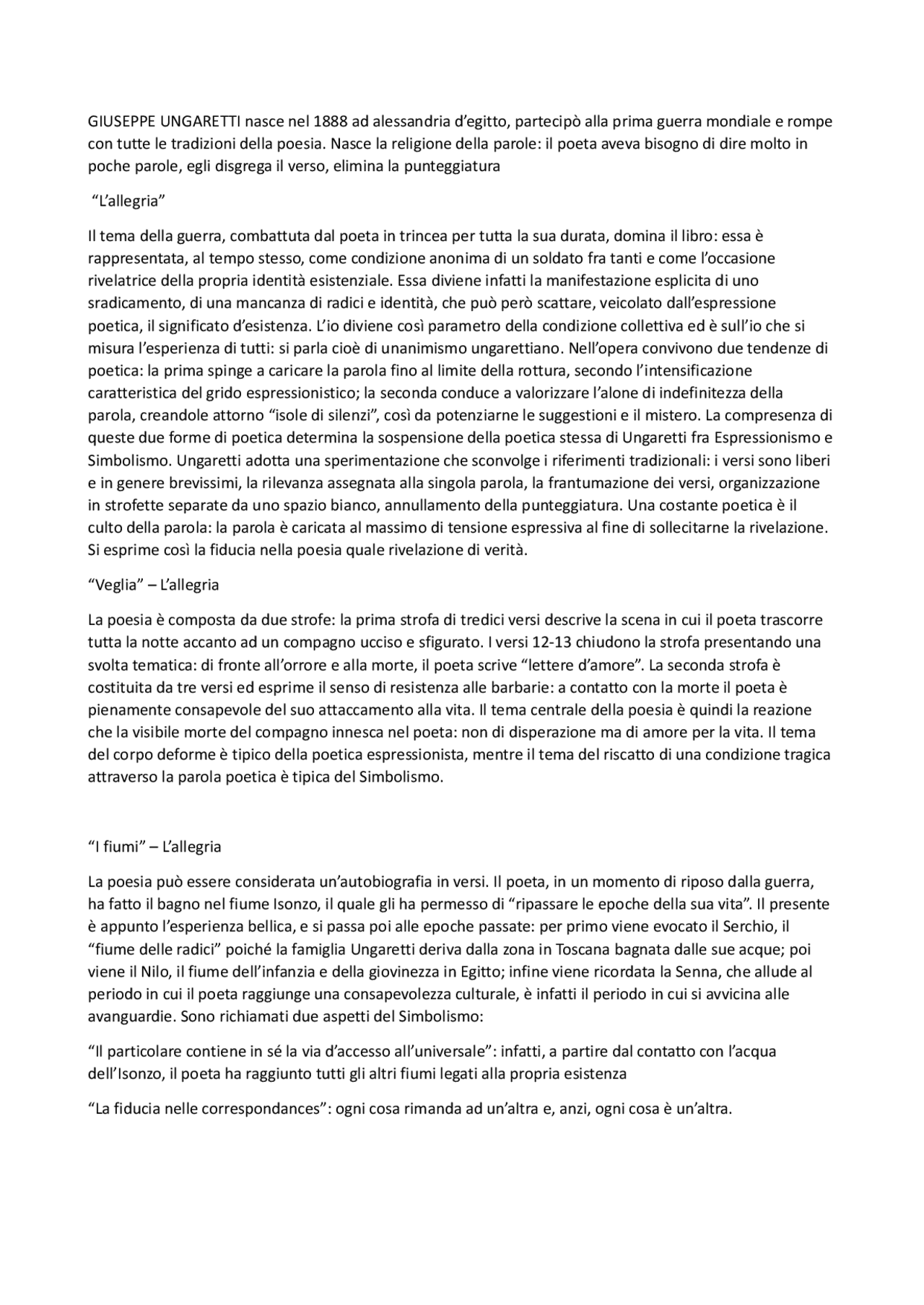 Riassunto Giuseppe Ungaretti Docsity