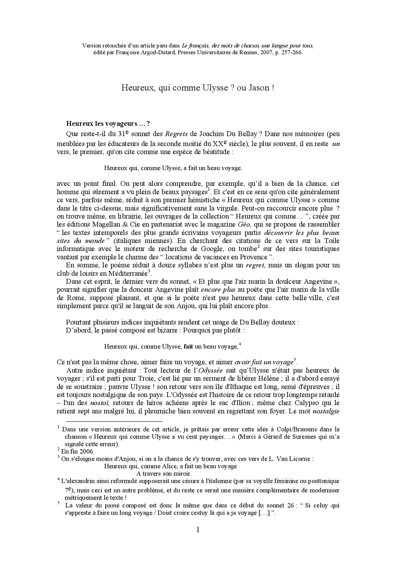Heureux, qui comme Ulysse? ou Jason! - Docsity