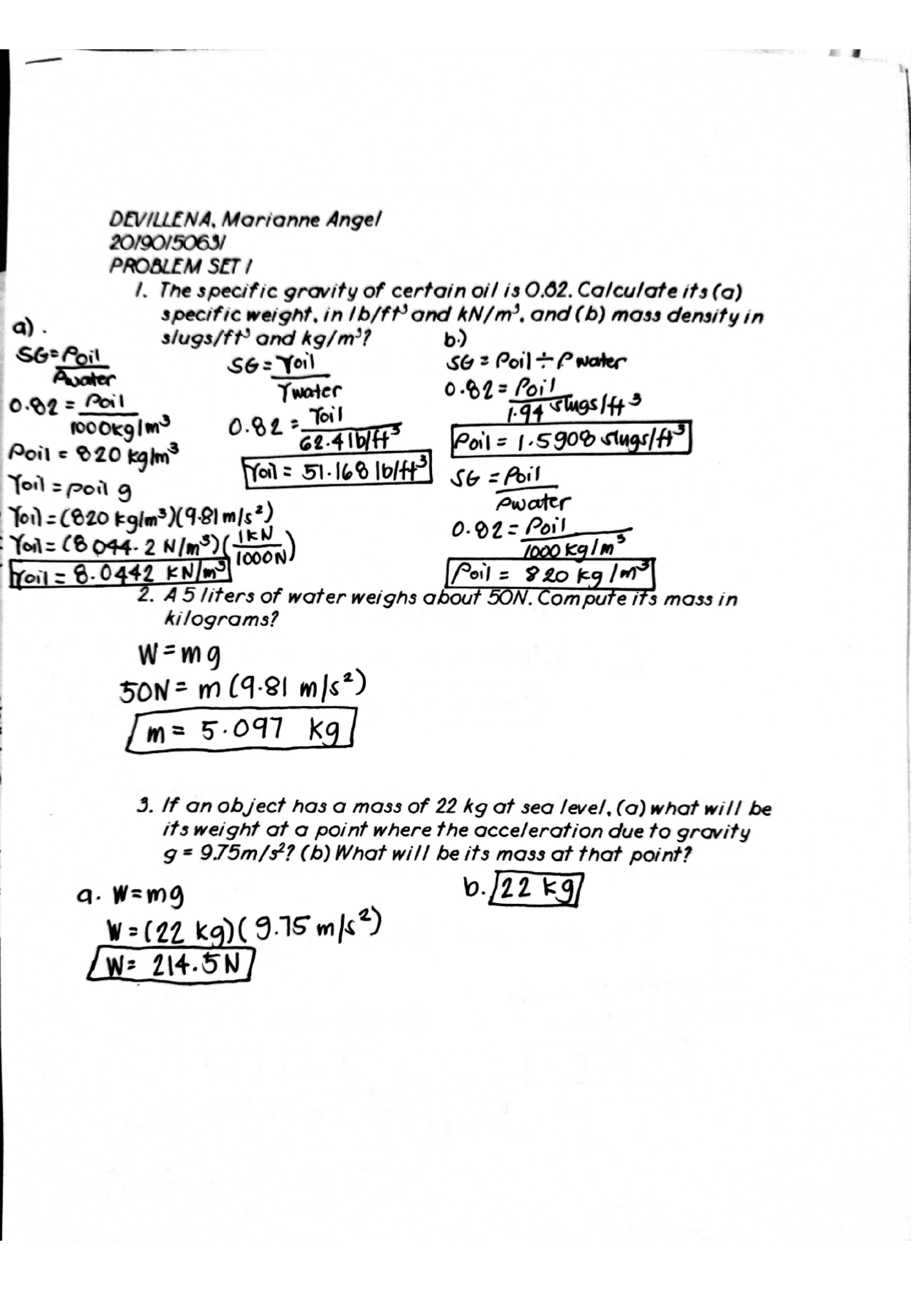 Problem Set Number 1 Properties of Fluids - Docsity