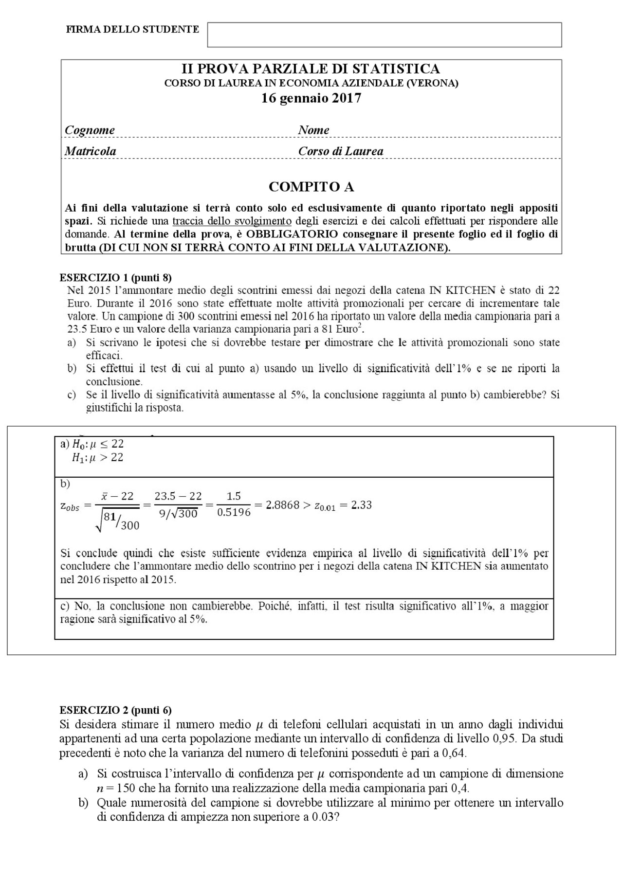 Prova Desame Parziale Di Statistica Con Soluzione Docsity