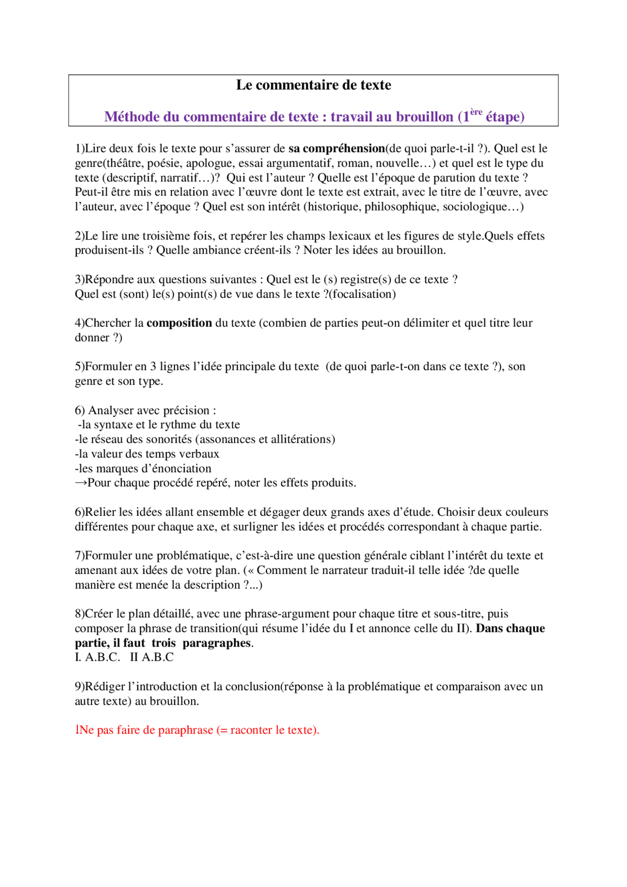 Méthode du commentaire de texte: travail au brouillon - Docsity