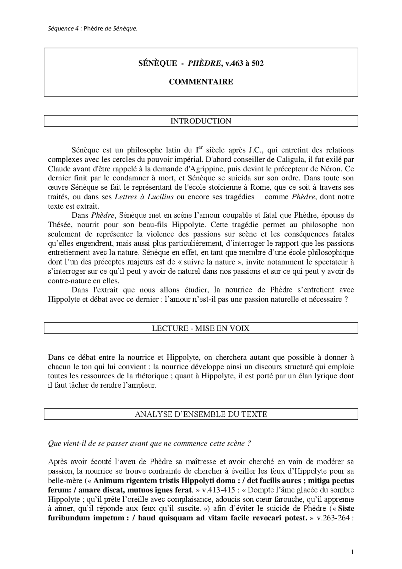 Phèdre de Sénèque - Commentaire - Docsity