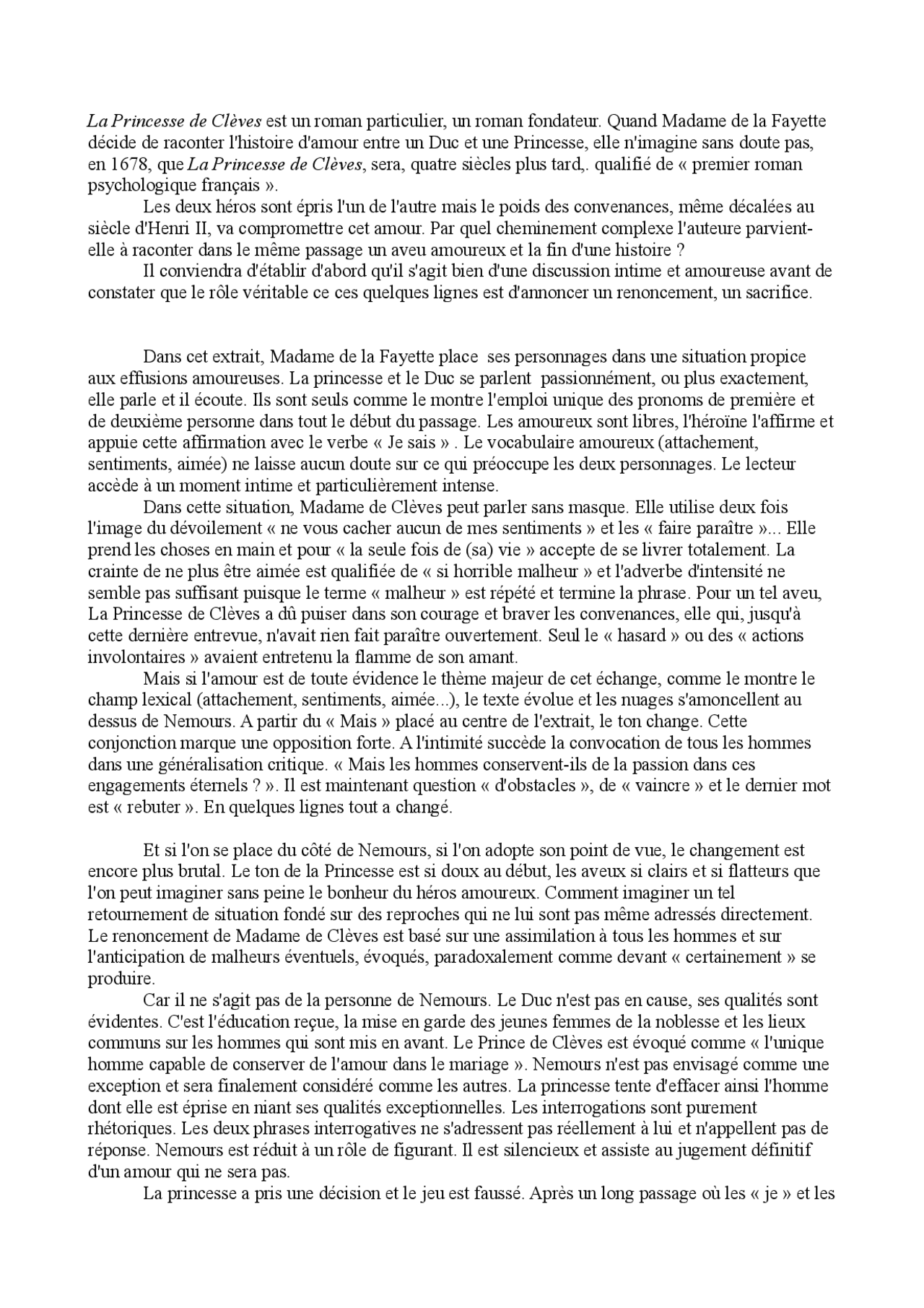 Commentaire De La Princesse De Clèves Lectures Littérature Docsity