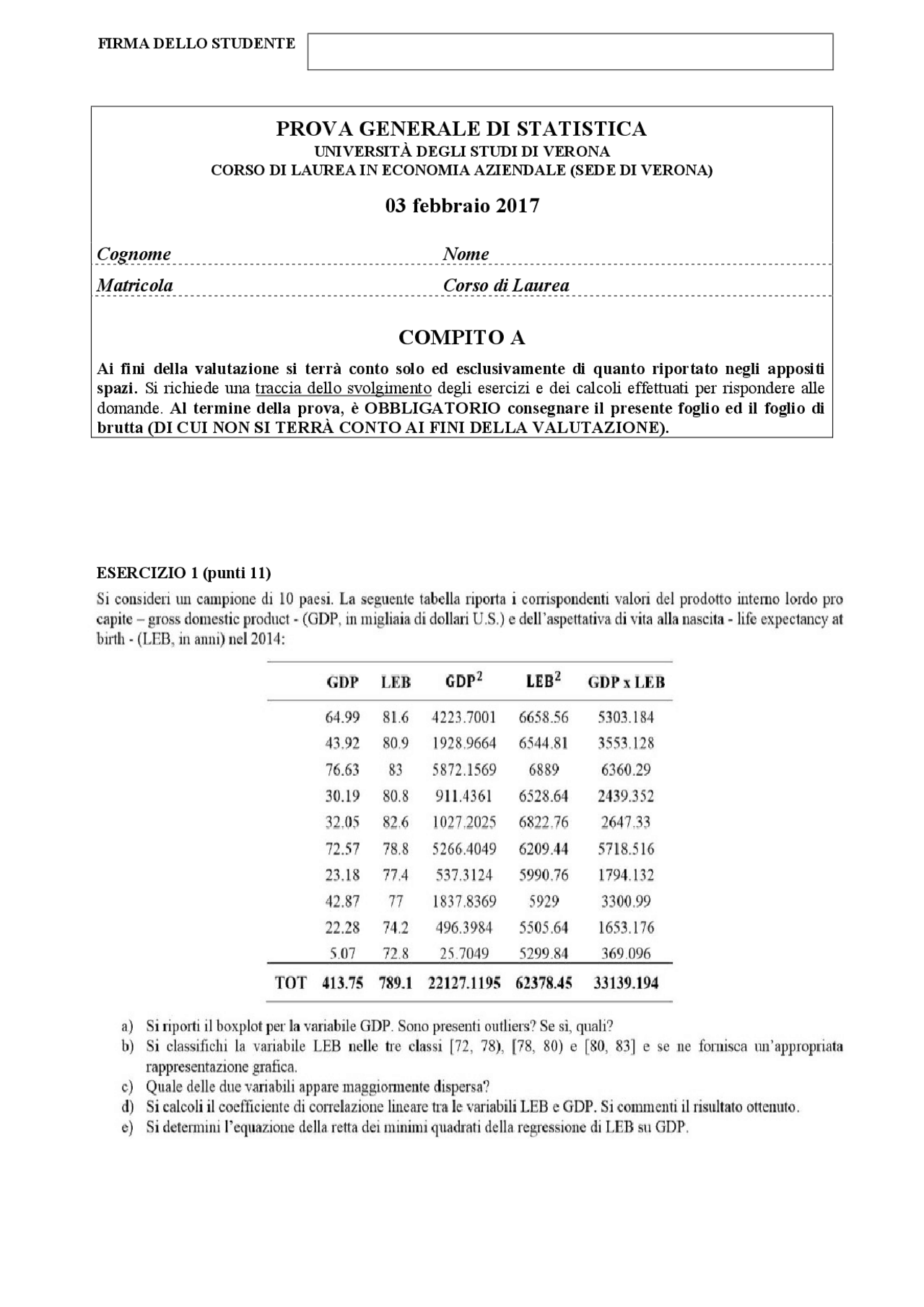 Prova d'esame parziale di statistica con spiegazioni | Prove d'esame di Statica - Docsity