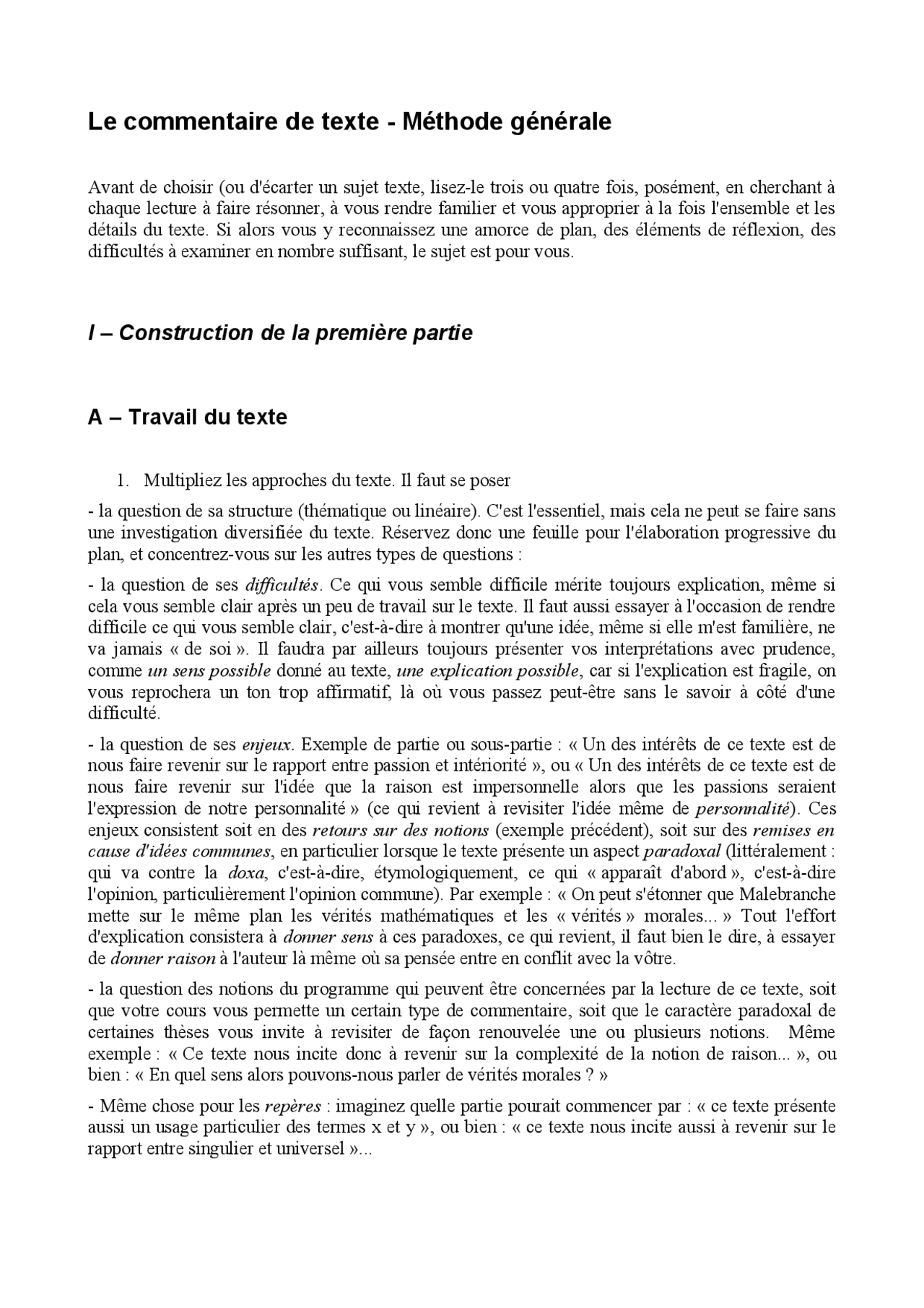 Le commentaire de texte - Méthode générale - Docsity