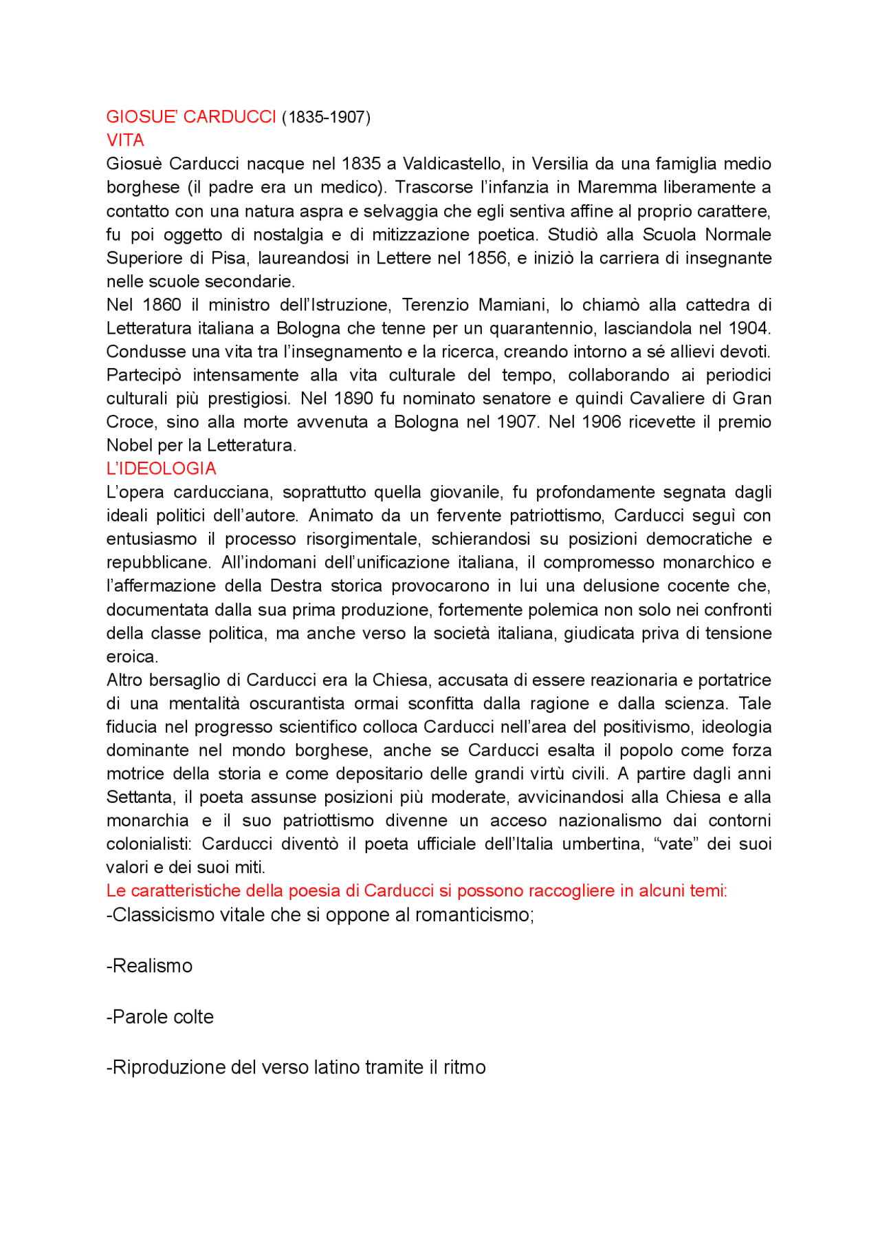 Giosuè Carducci Appunti Docsity