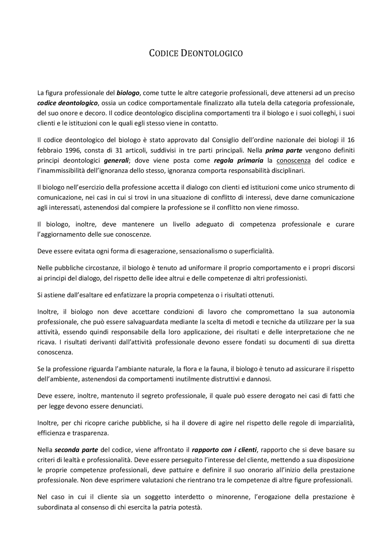 Codice Deontologicopdf Sintesi Del Corso Di Biologia Docsity