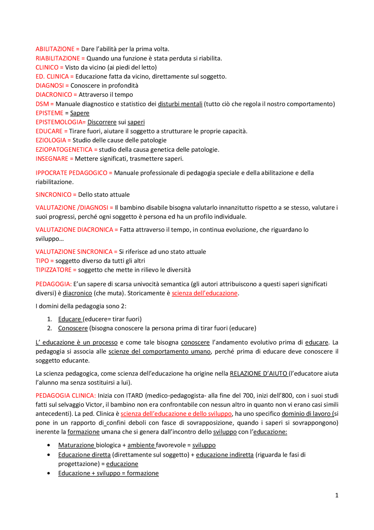 Glossario manuale Ippocrate pedagogico - Prof. Crispiani | Appunti di TFA Sostegno | Docsity