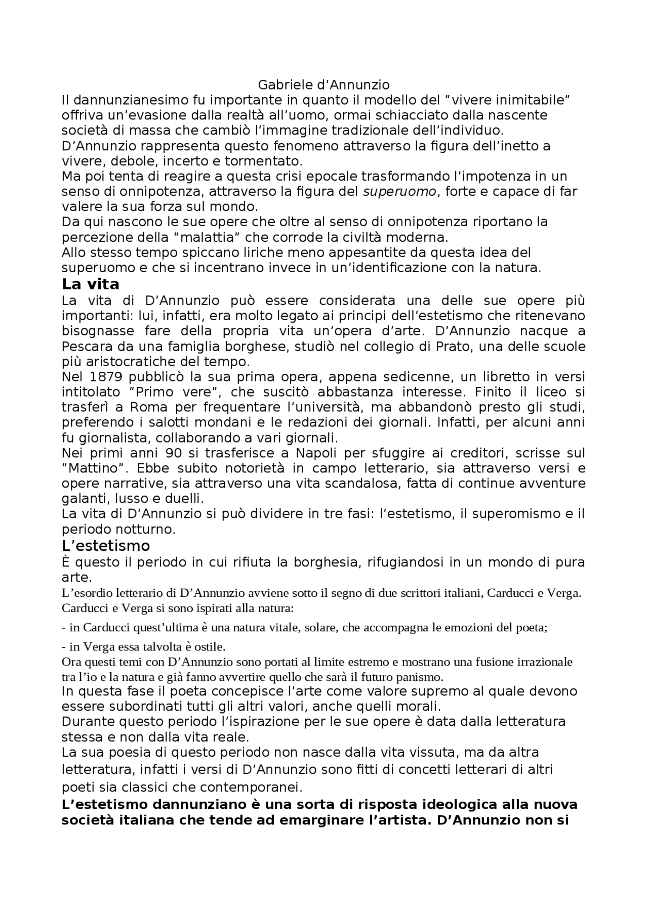 Riassunto Su Gabriele Dannunzio Docsity