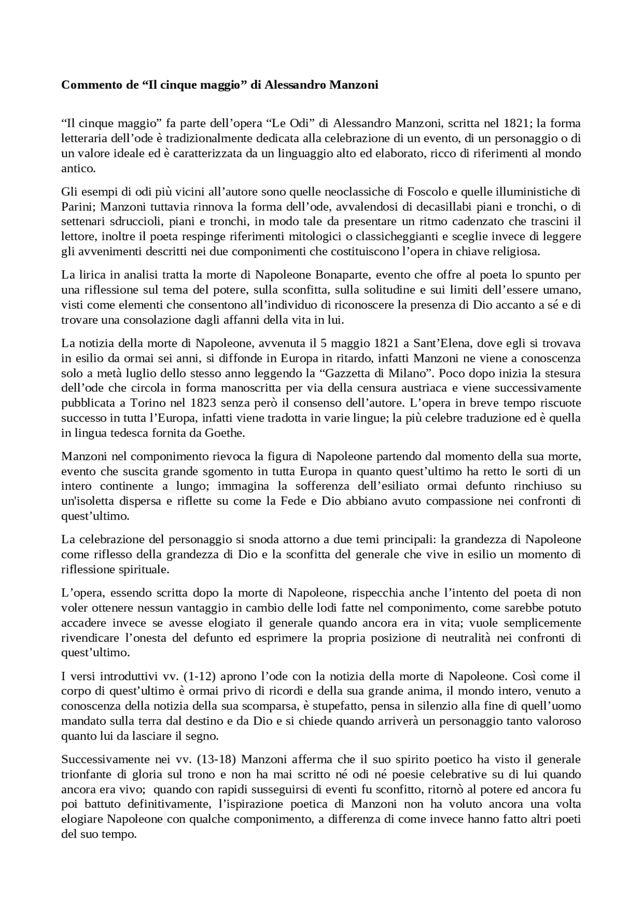 Analisi E Commento De Il Cinque Maggio Guide Progetti E Ricerche
