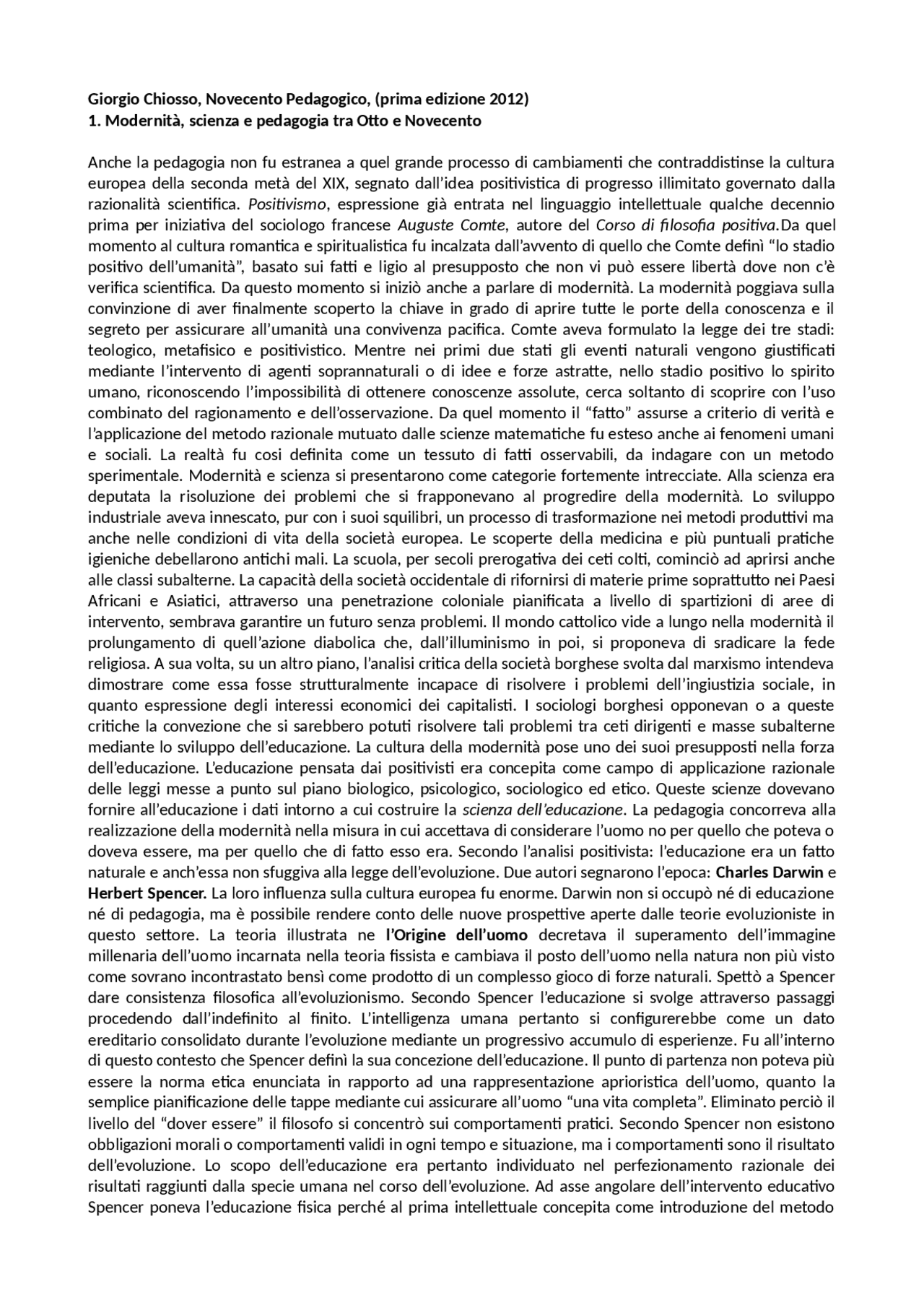 Chiosso Novecento Pedagogico Docsity
