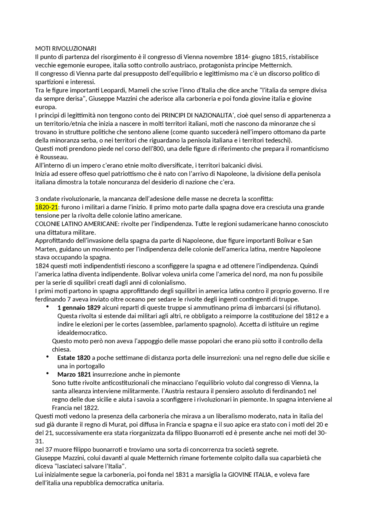 Moti Rivoluzionari Inizio Risorgimento Docsity
