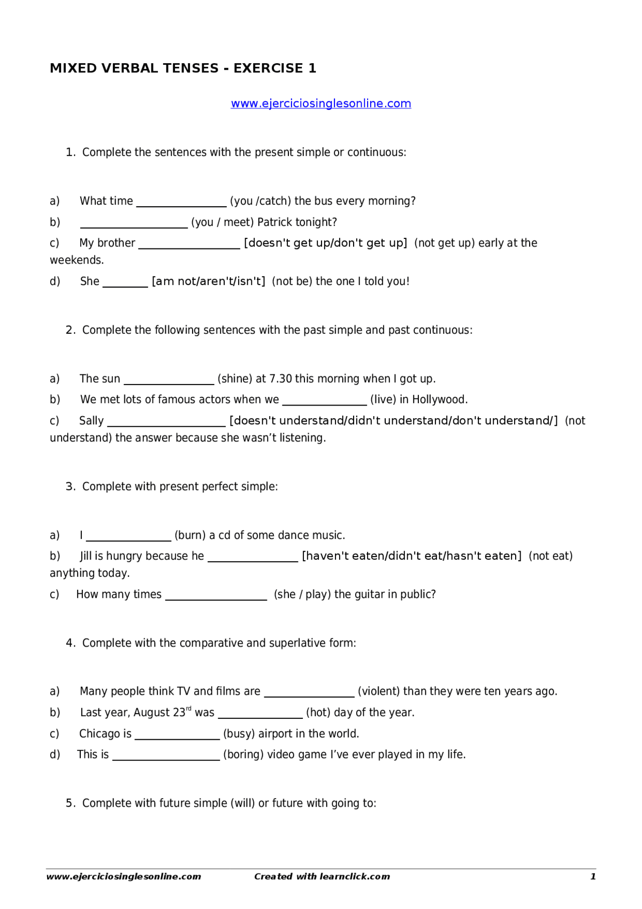 Ejercicios de repaso tiempos verbales - Docsity