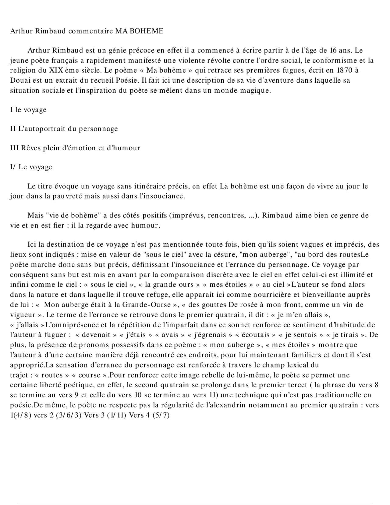 Arthur Rimbaud Commentaire Ma Bohème Docsity