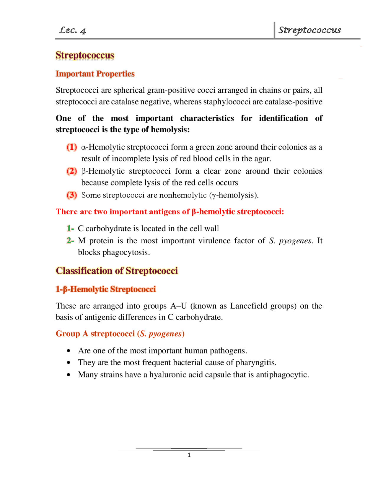 Streptococcus Notes Docsity