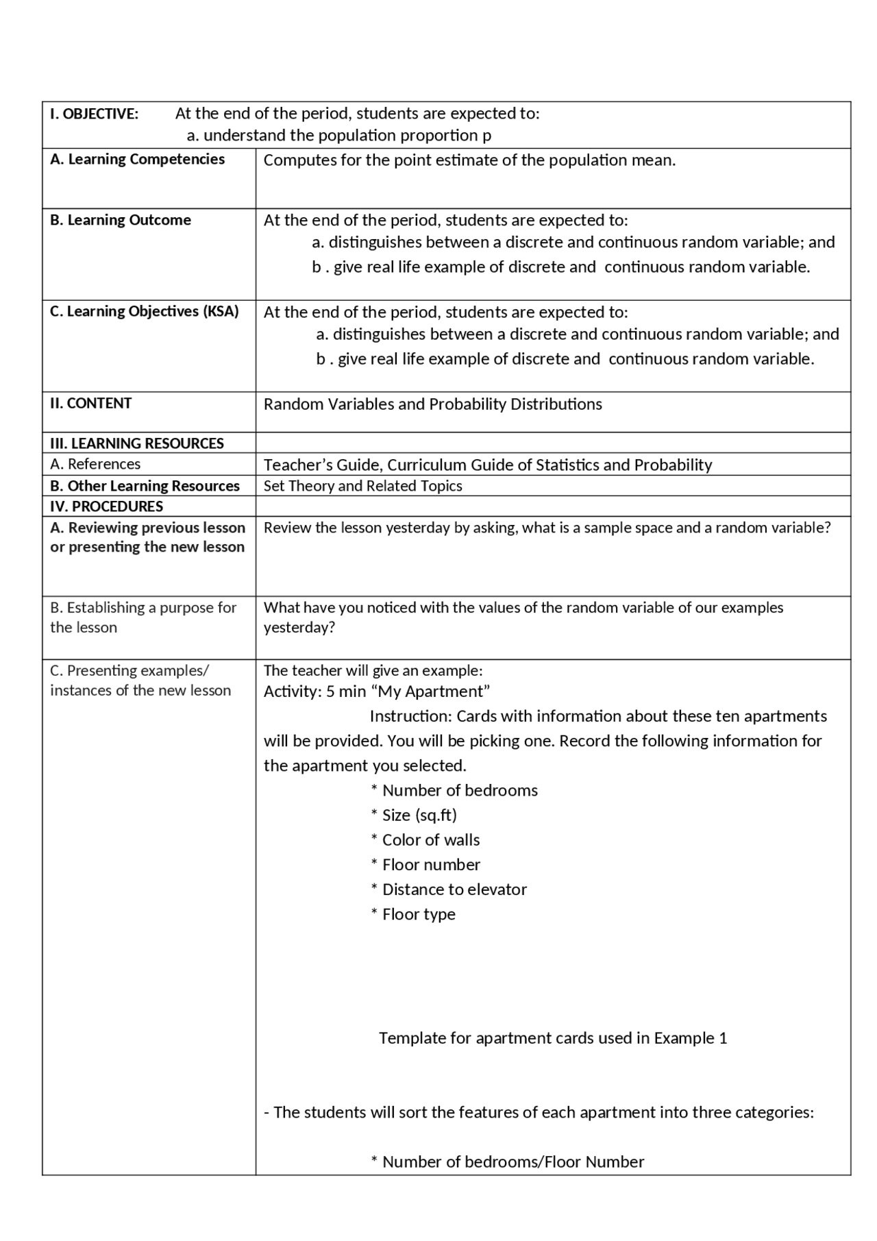 Sample Daily Lesson Log - Docsity