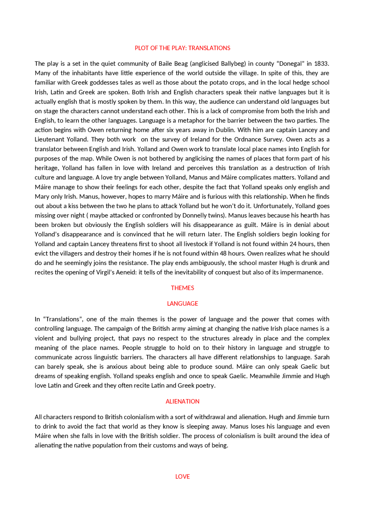 Summary of the play 'Translations' written by Brian Friel | Sintesi del ...