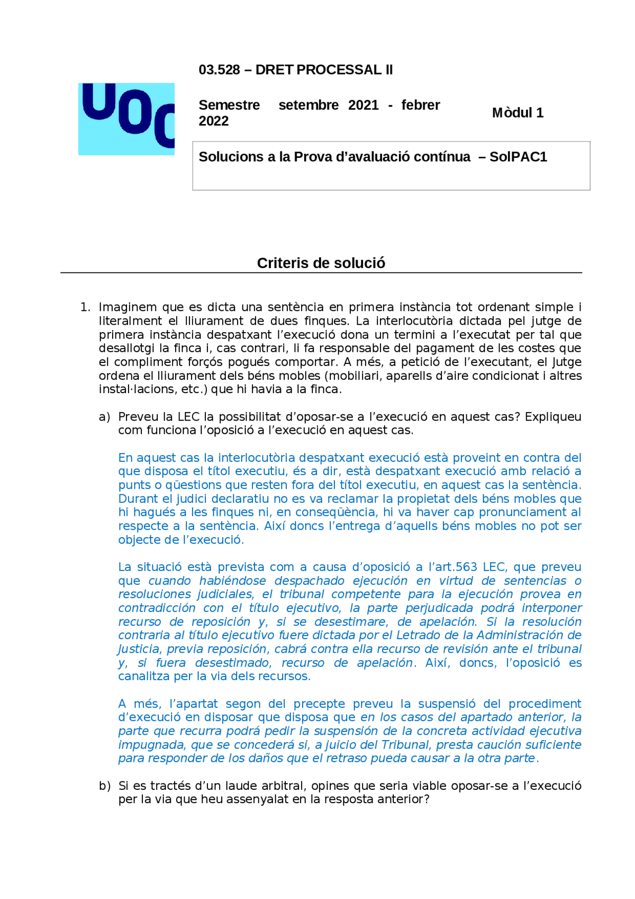 Solució Pac 1 Dret Processal Ii Docsity