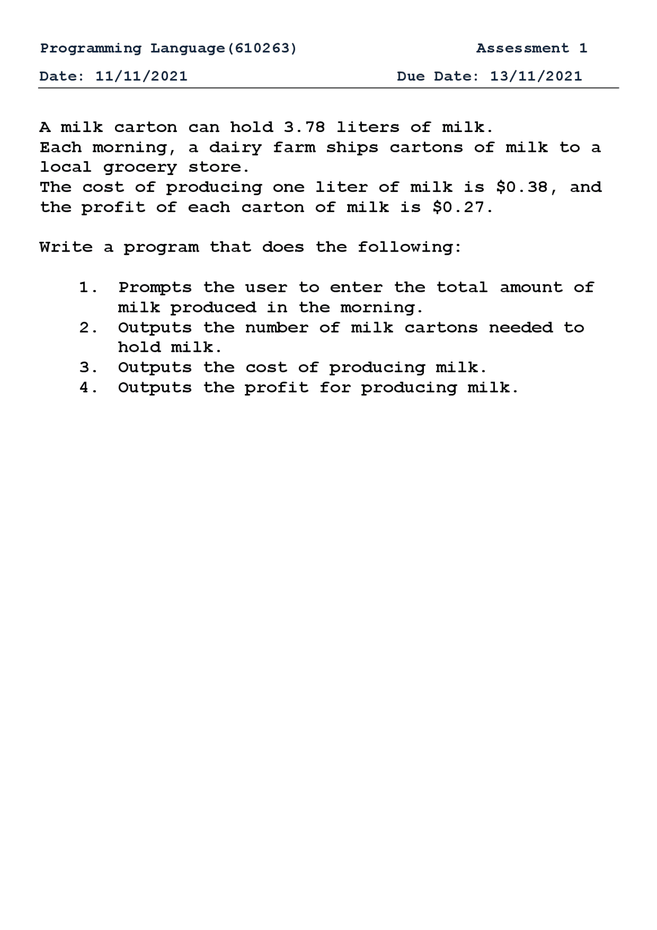 واجب لغة برمجة | Exercises Programming Languages | Docsity
