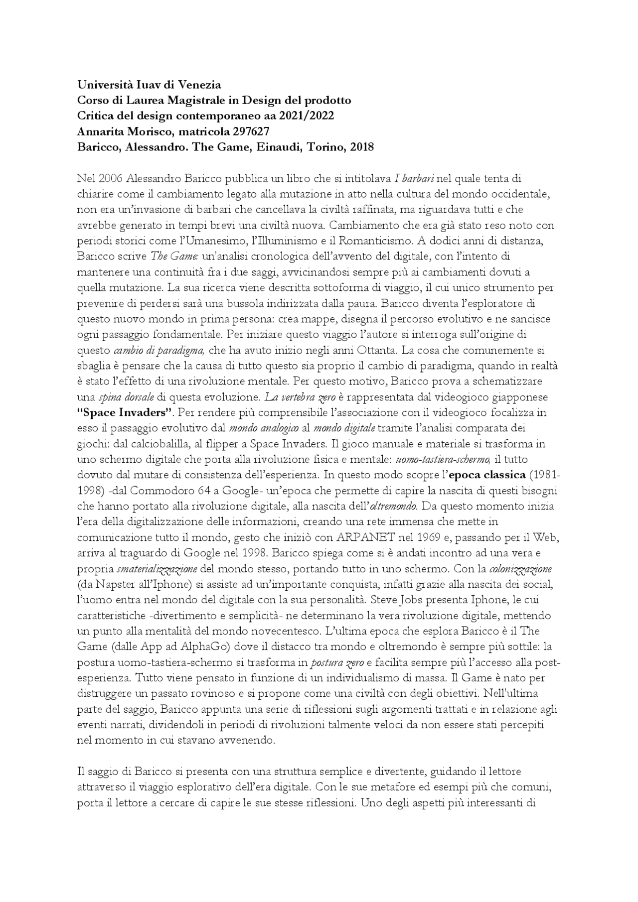 Recensione The Game Baricco Sintesi Del Corso Di Design Docsity
