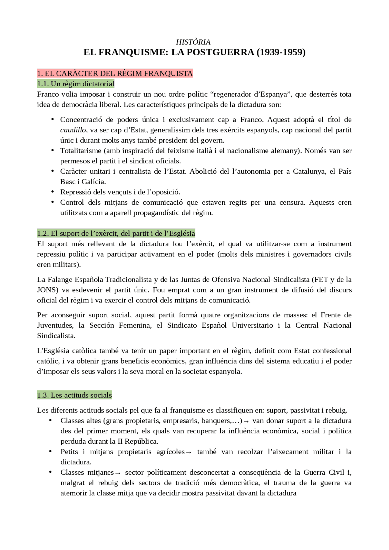 Apunts Franquisme Selectivitat Docsity