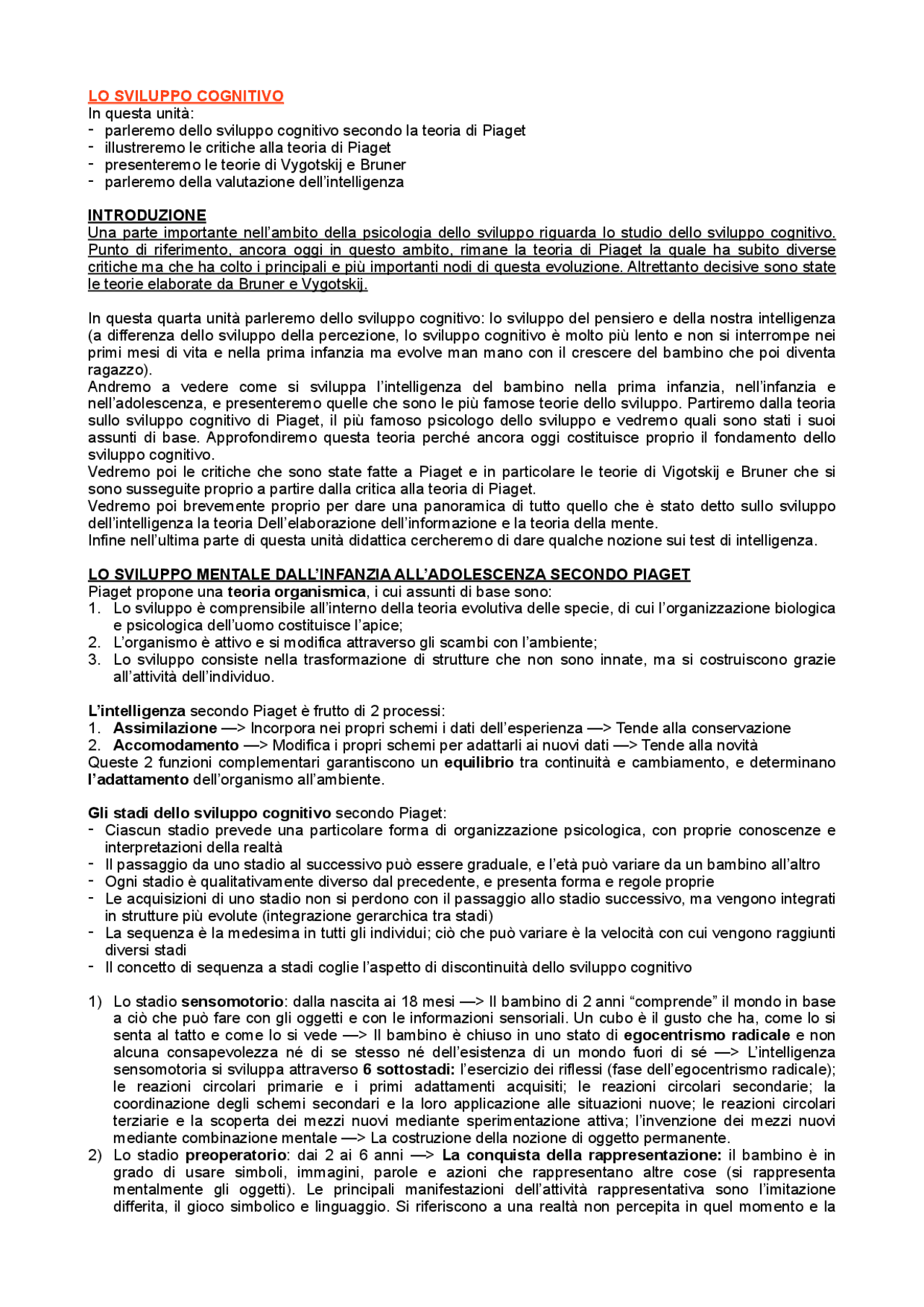 Lo Sviluppo Cognitivo Docsity
