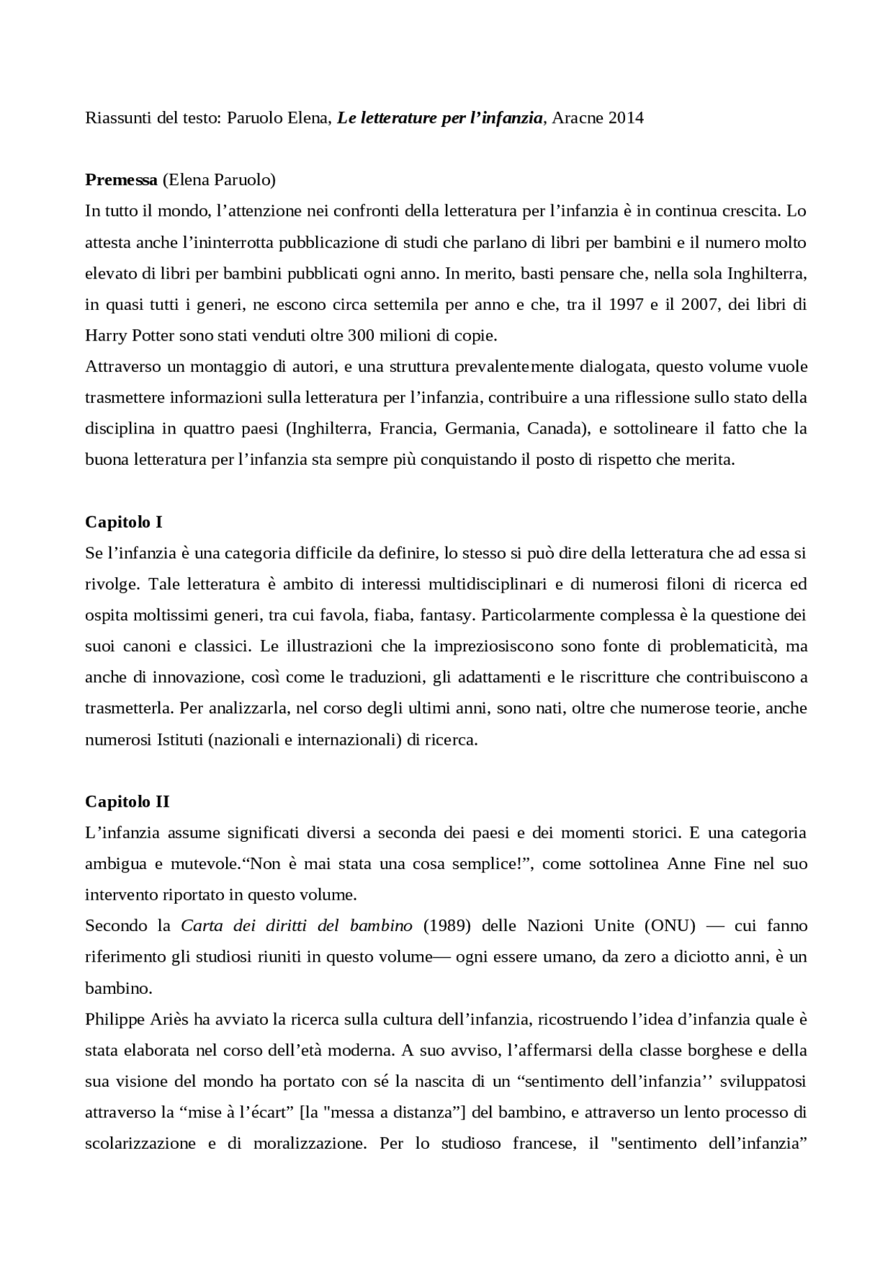 Riassunto De Le Letterature Per Linfanzia Docsity