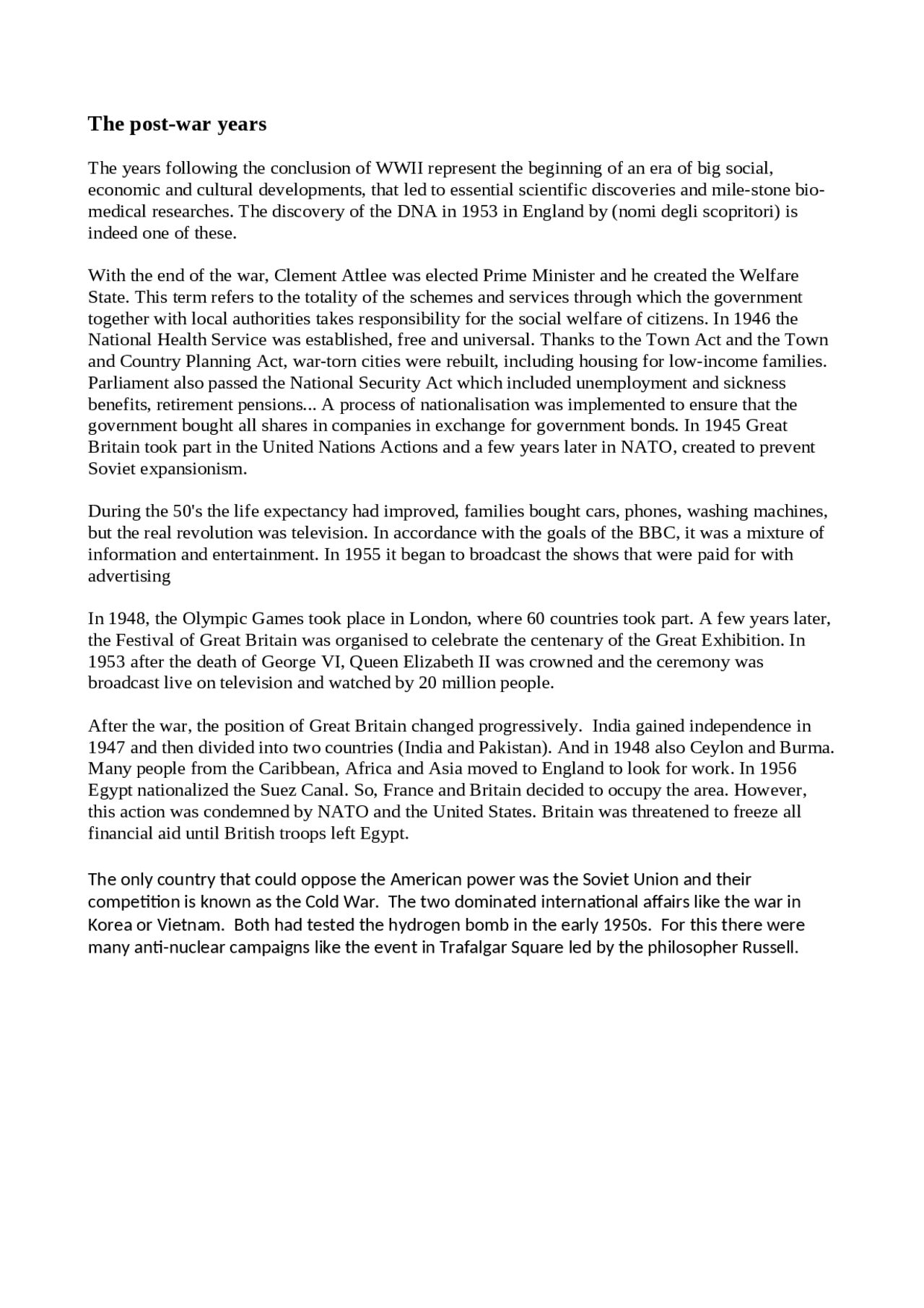 The post war years in UK - Docsity