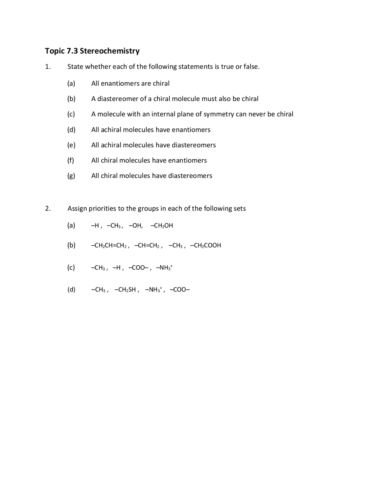 Stereochemistry Past Year Questions Docsity
