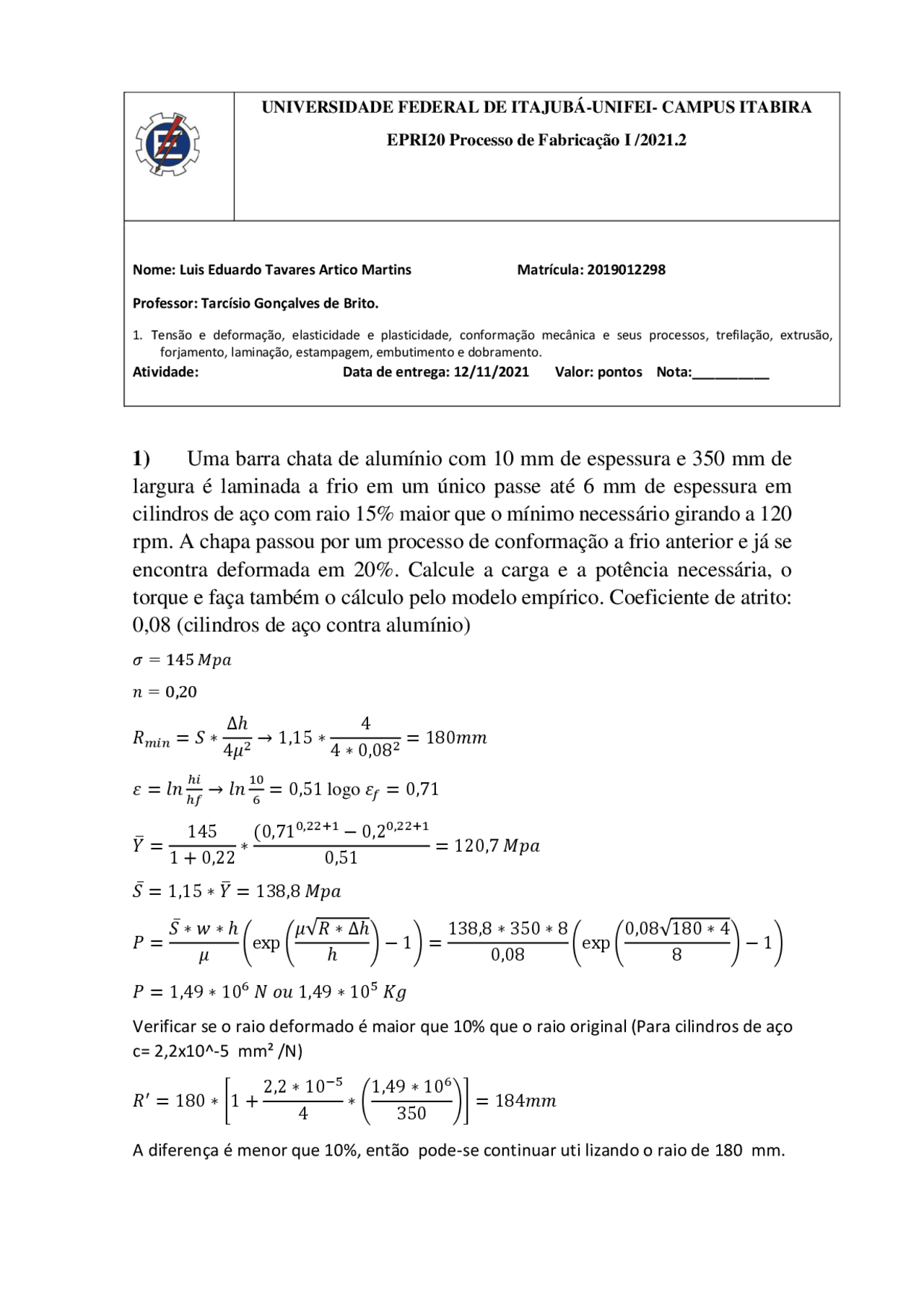 Laminação Exercícios Resolvidos Docsity