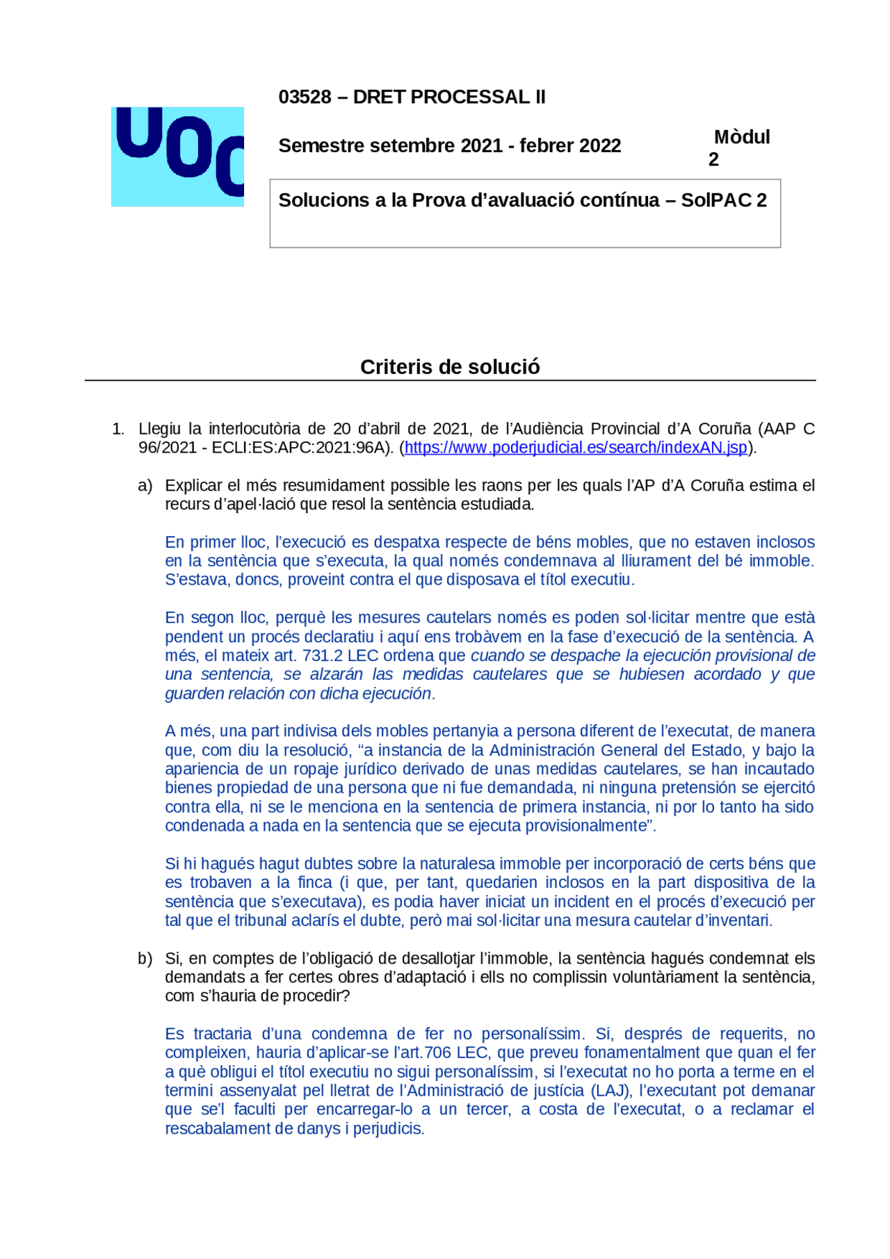 Pac 2 Dret Procesal Ii Uoc Docsity