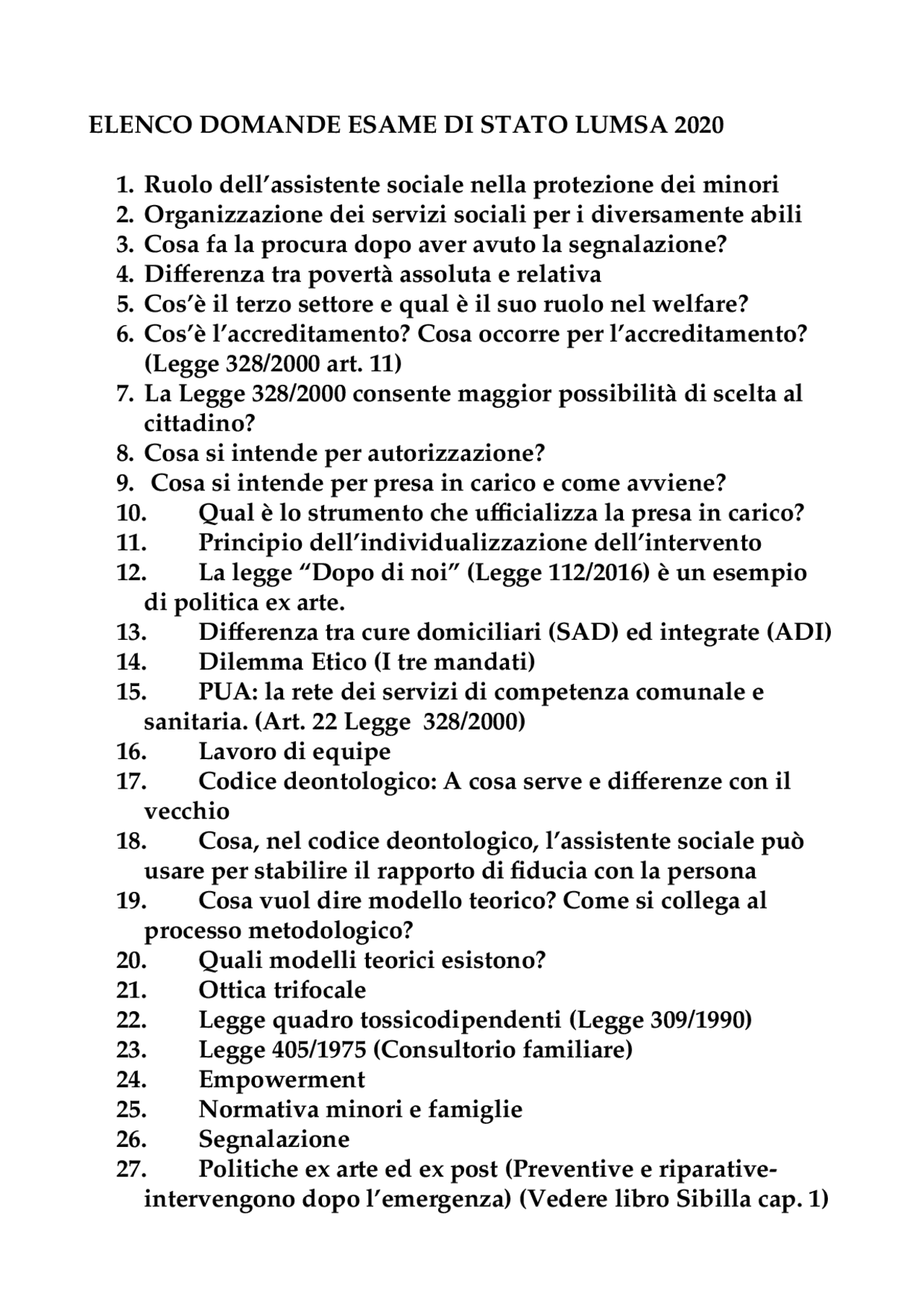 Domande Esame Di Stato Lumsa Prove Desame Di Metodi E Tecniche Del