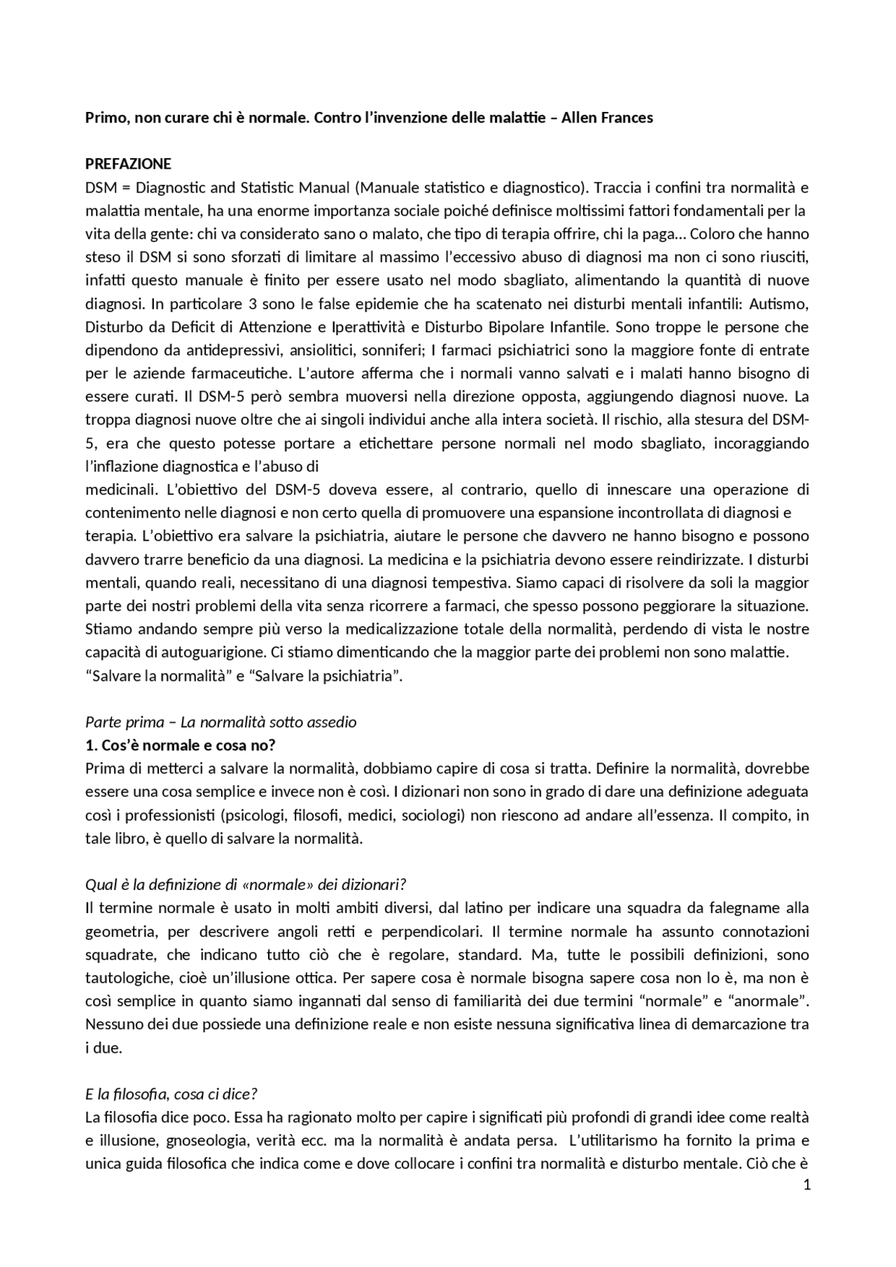 Riassunto Libto Primo Non Curare Chi è Normale Docsity