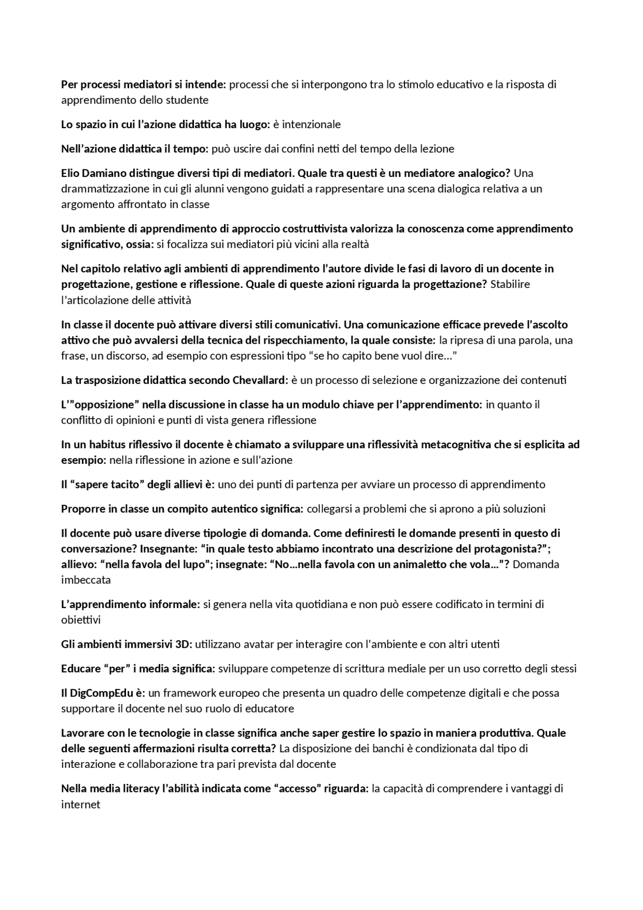Domande Esame Metodologie E Tecnologie Dei Processi Formativi Docsity