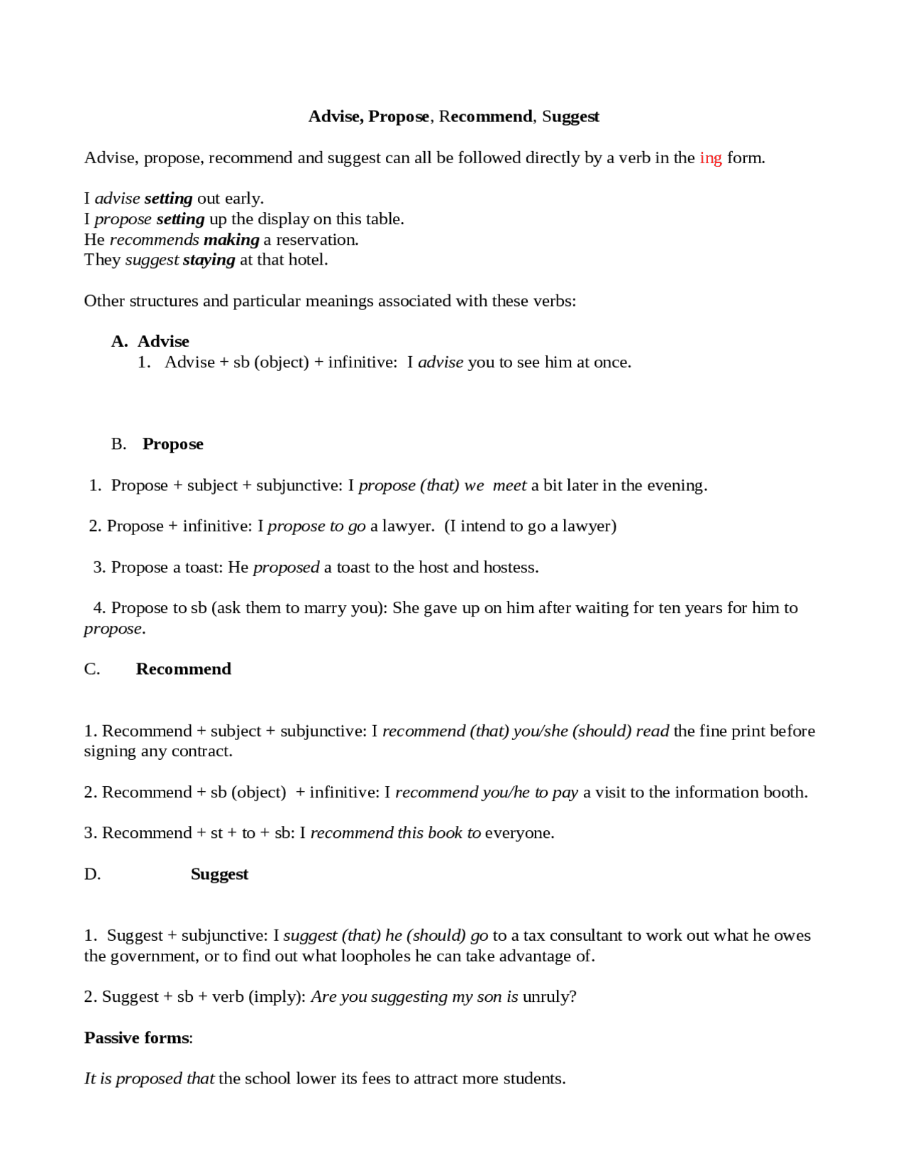 Phrasal verbs advise propose recommend suggest - Docsity