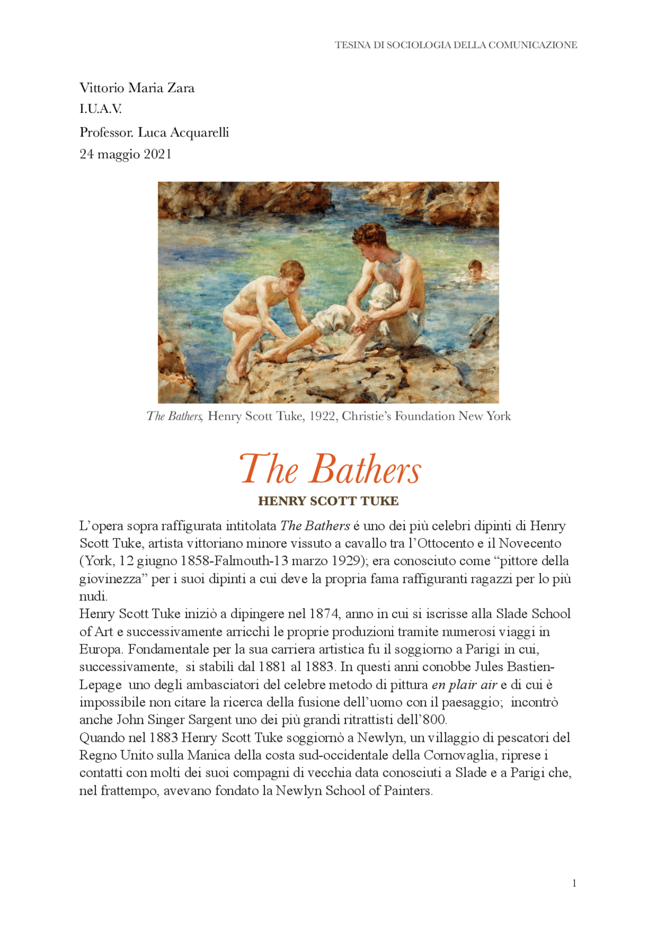 Analisi del quadro "The Bathers" di Henry Scott Tuke - Docsity