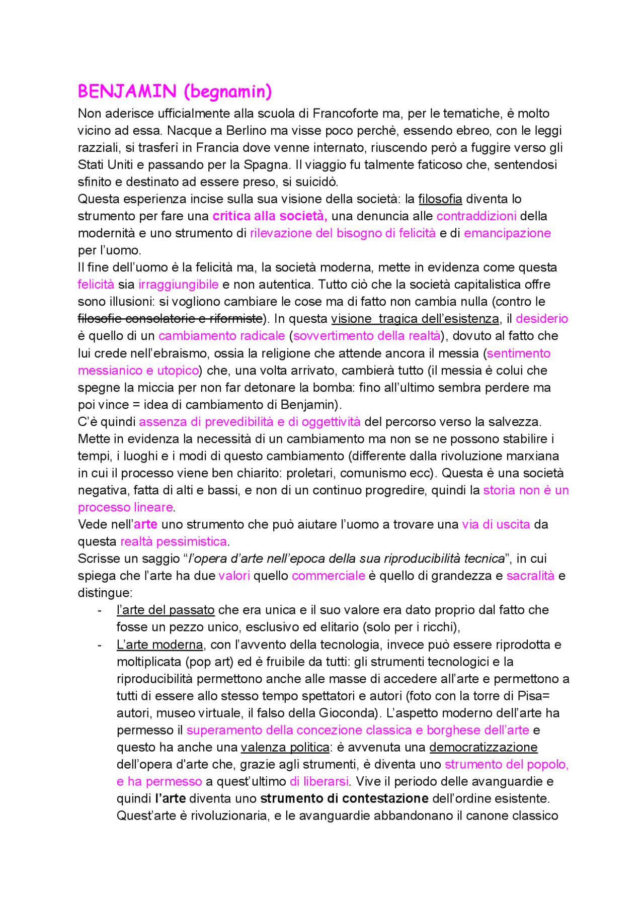 Vita E Pensiero Di Benjamin Riassunti Docsity