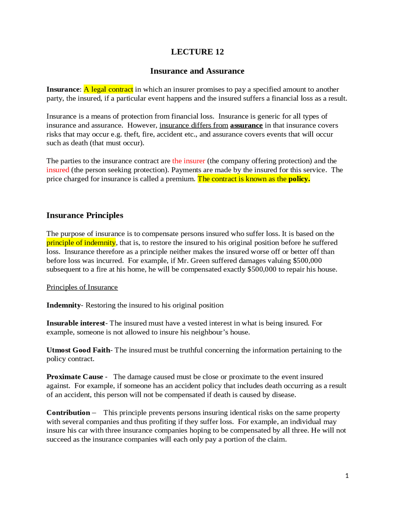 Insurance And Assurance Docsity