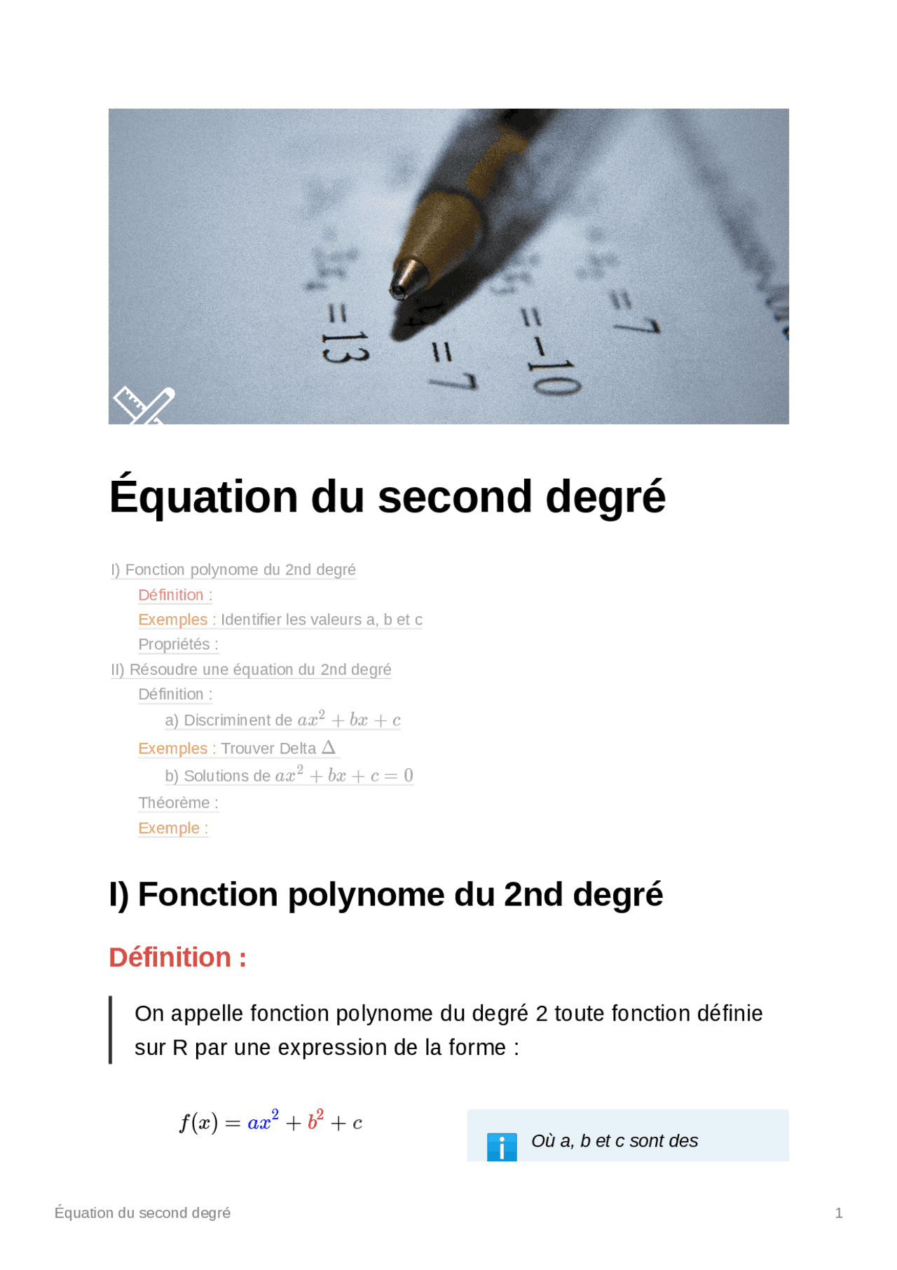 Mini Cours Équation Du Second Degré Docsity