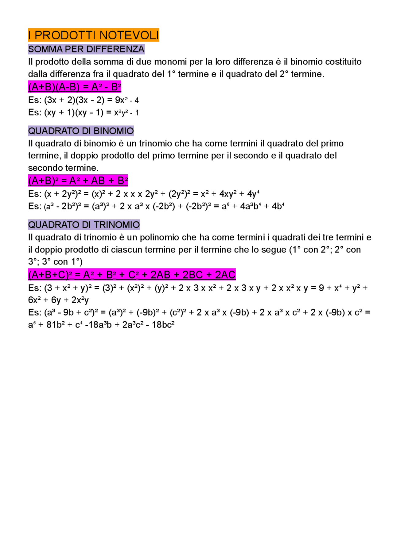 I prodotti notevoli matematica - Docsity