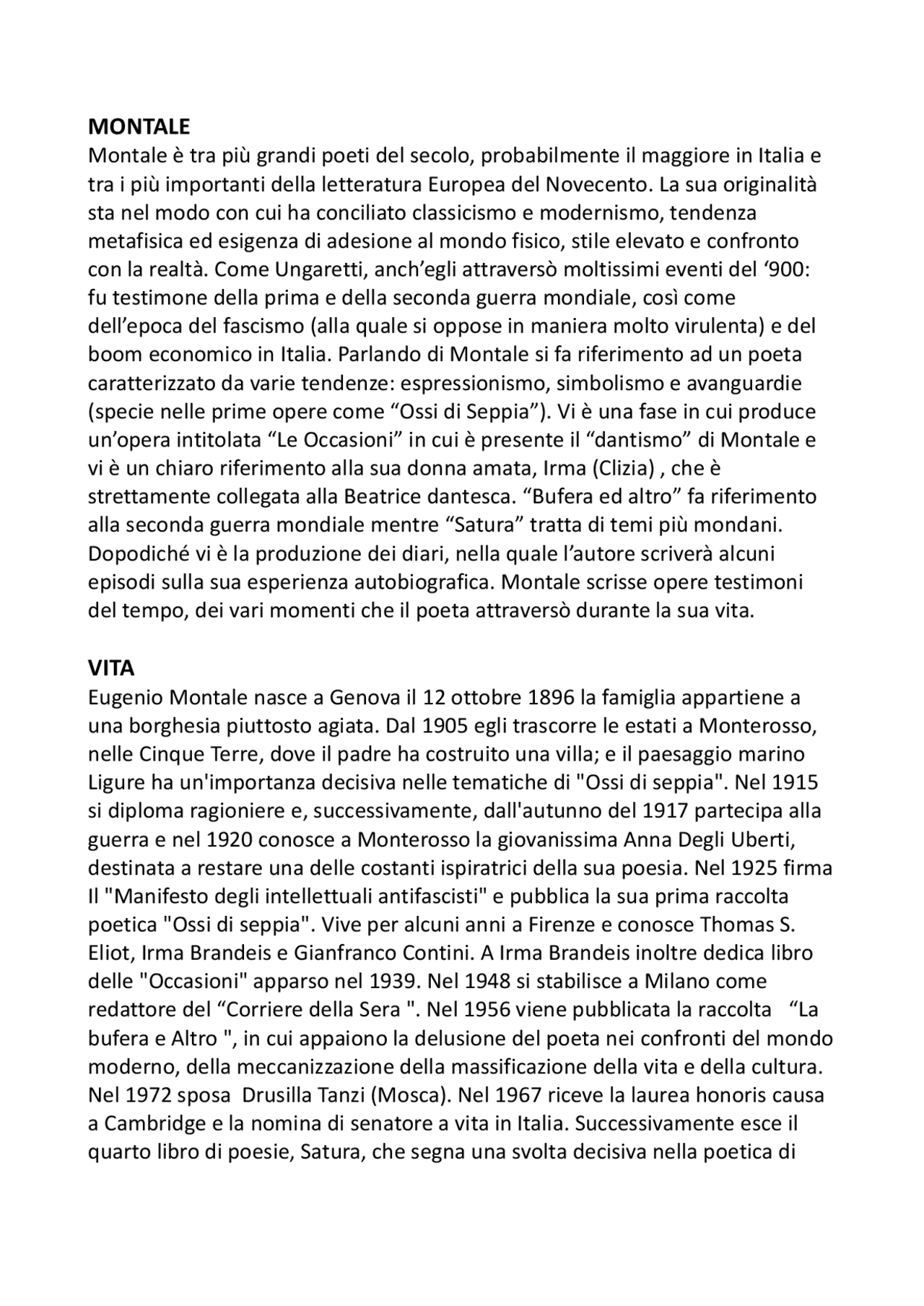 Riassunto Montale Eugenio Docsity