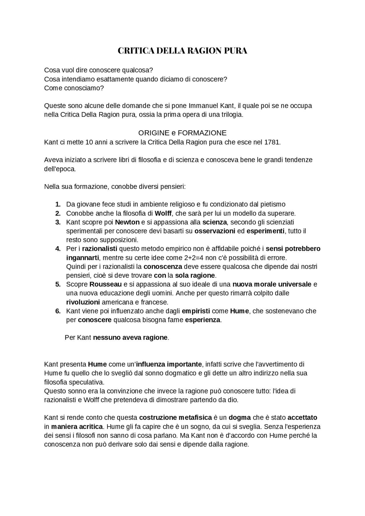 Appunti Sulle Critiche Di Kant Docsity