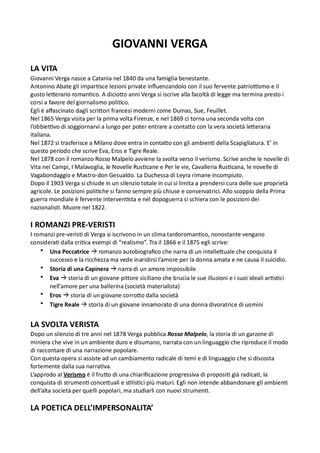 Giovanni Verga Riassunto Docsity