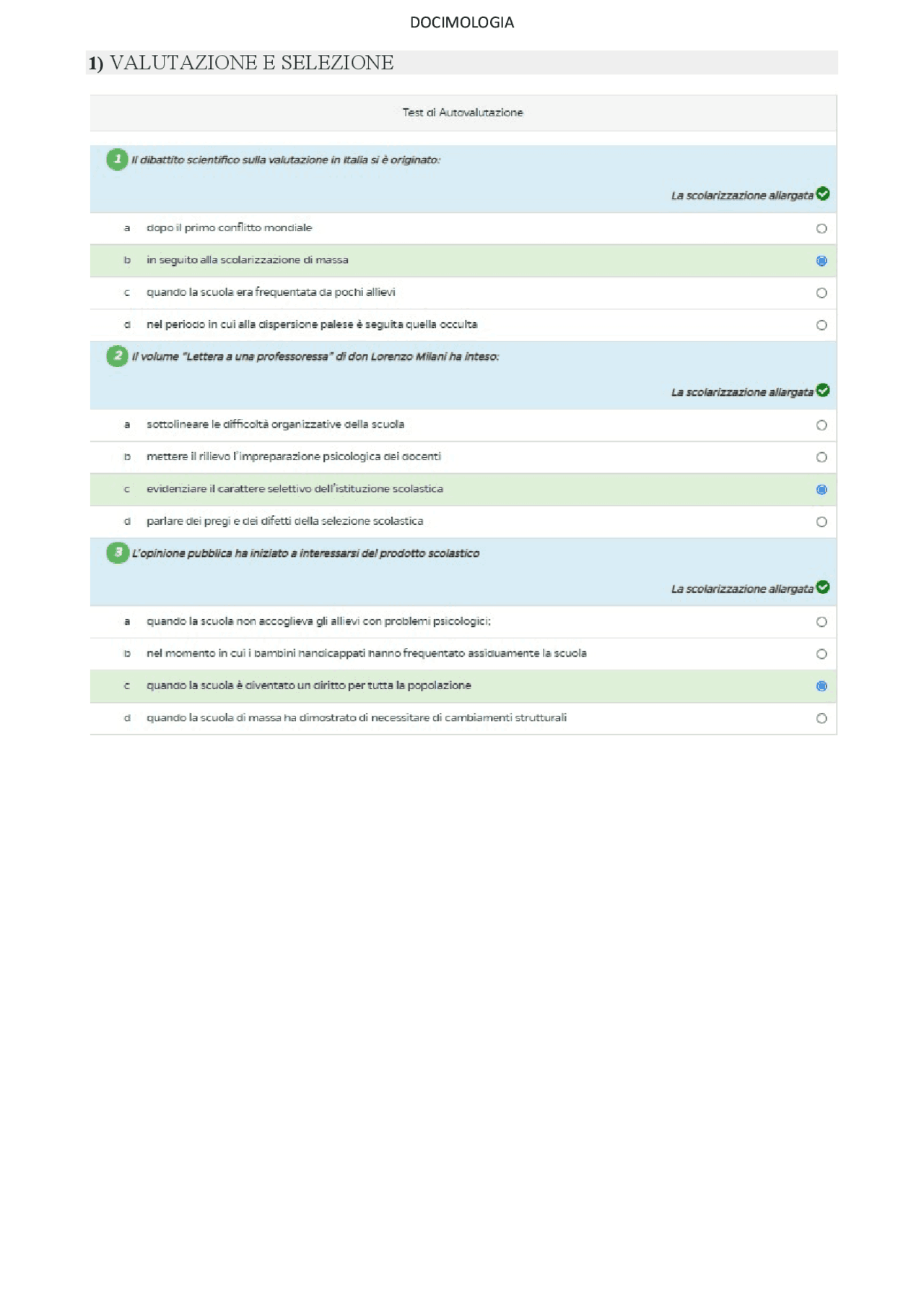 Test Autovalutazione Docimologia 9 Cfu Docsity